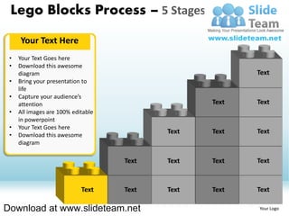 Lego blocks and pieces stacked on top of one another process 5 stages ...
