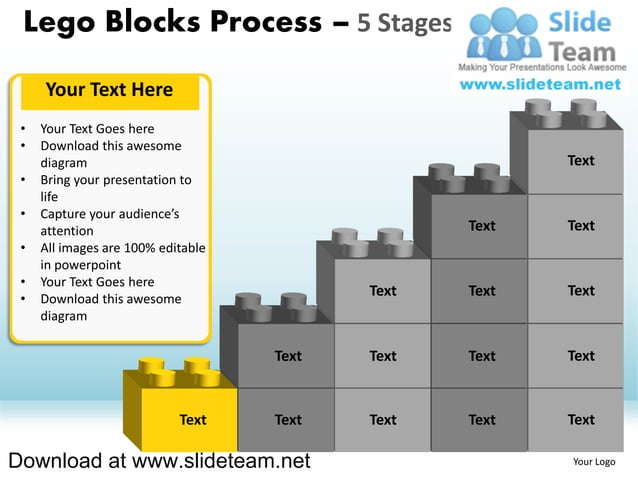 Lego blocks and pieces stacked on top of one another process 5 stages ...
