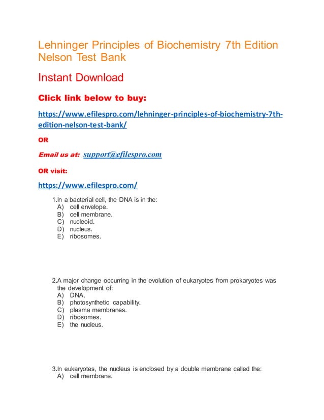 Lehninger principles of biochemistry 7th edition nelson test bank | DOCX