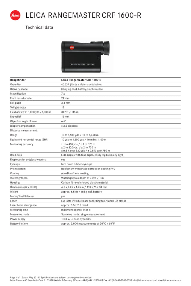 Technical data | Leica Rangemaster CRF 1600-R Rangefinder | Optics Trade | PDF