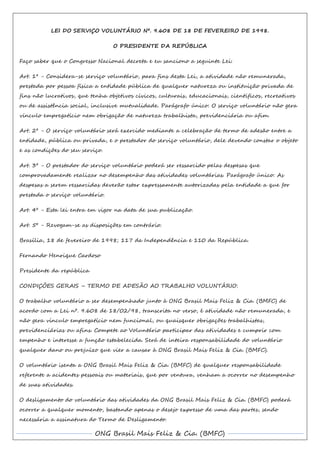 Lei do Serviço Voluntário da ONG Brasil Mais Feliz & Cia. | DOCX