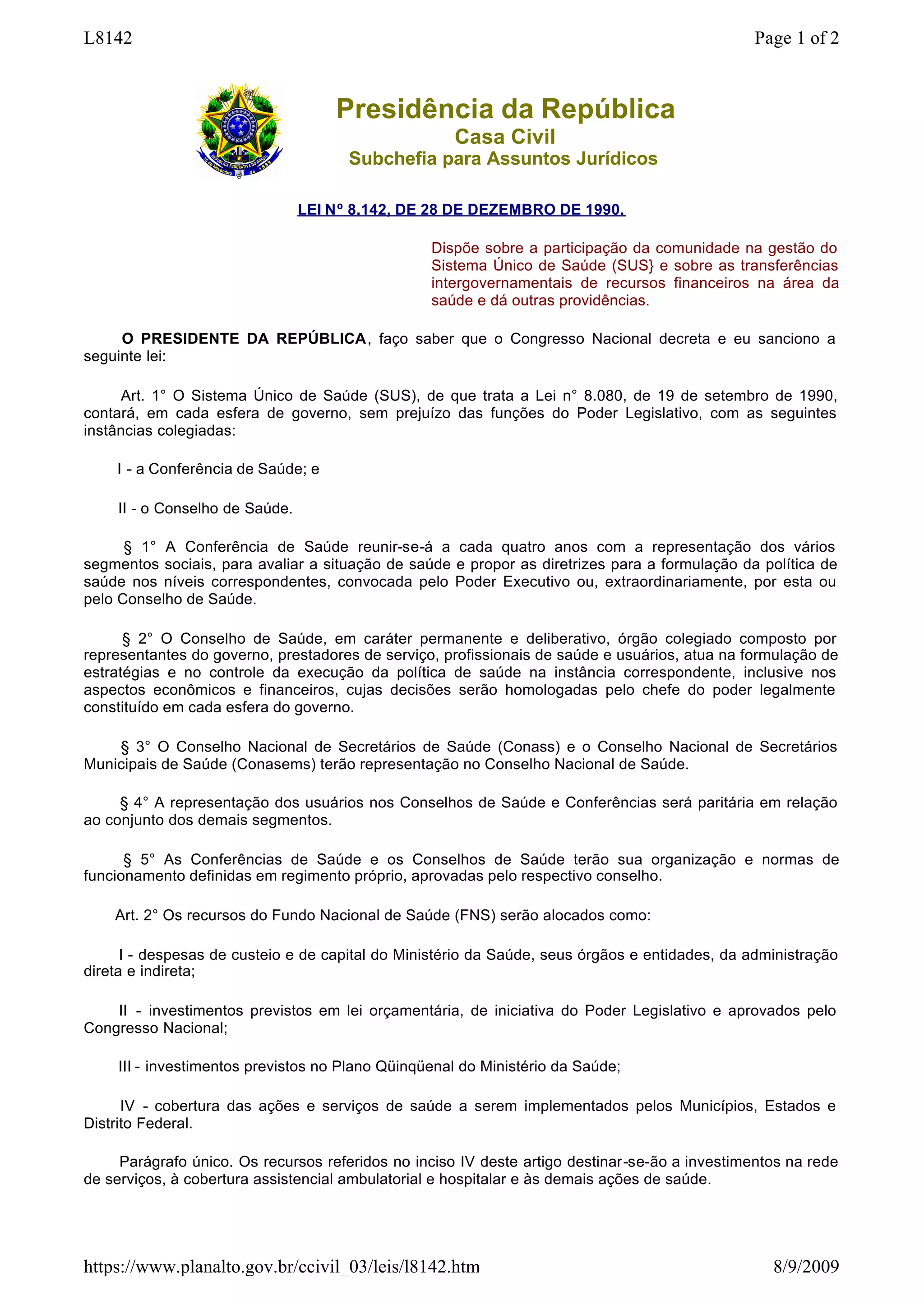 Lei federal n. 8.142 de 1990 | PDF