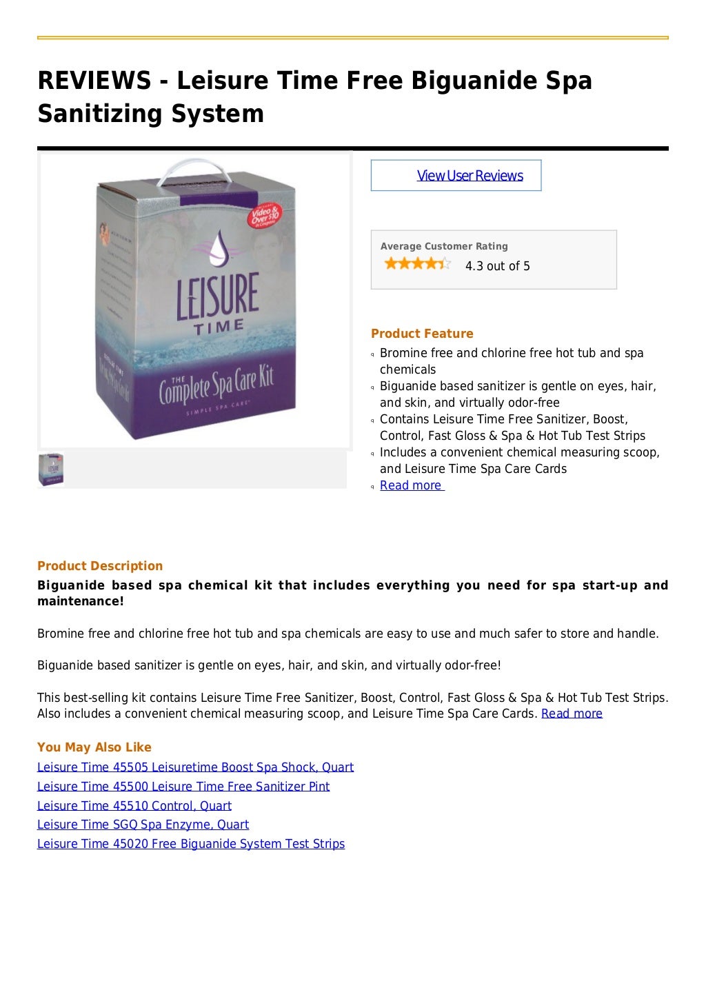Leisure time free biguanide spa sanitizing system