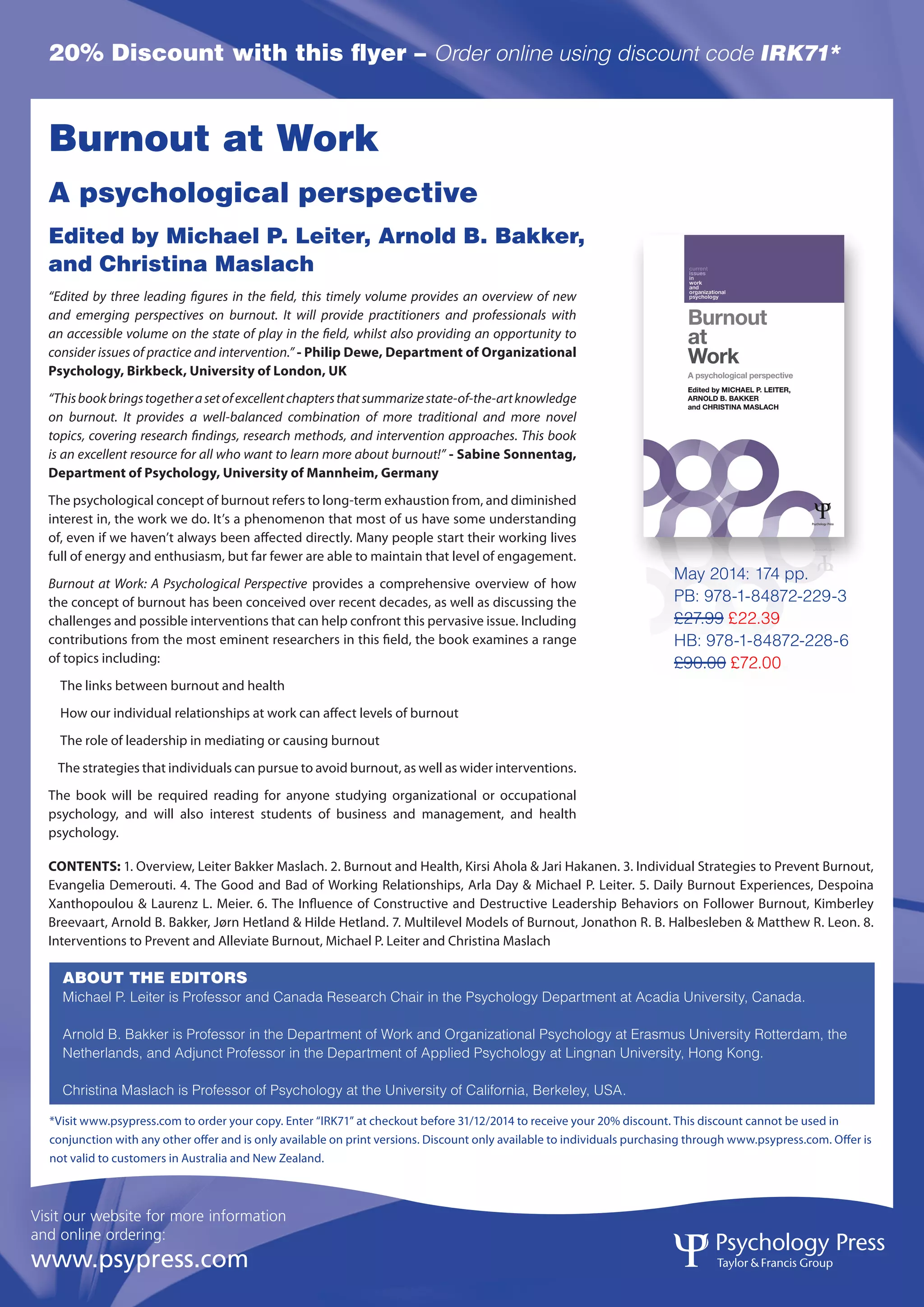 Leiter, Bakker & Maslach (2014). Burnout at work flyer | PDF