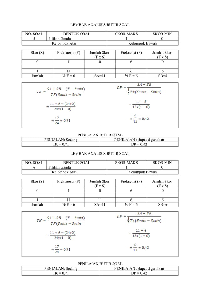 Lembar analisis butir soal mat | PDF