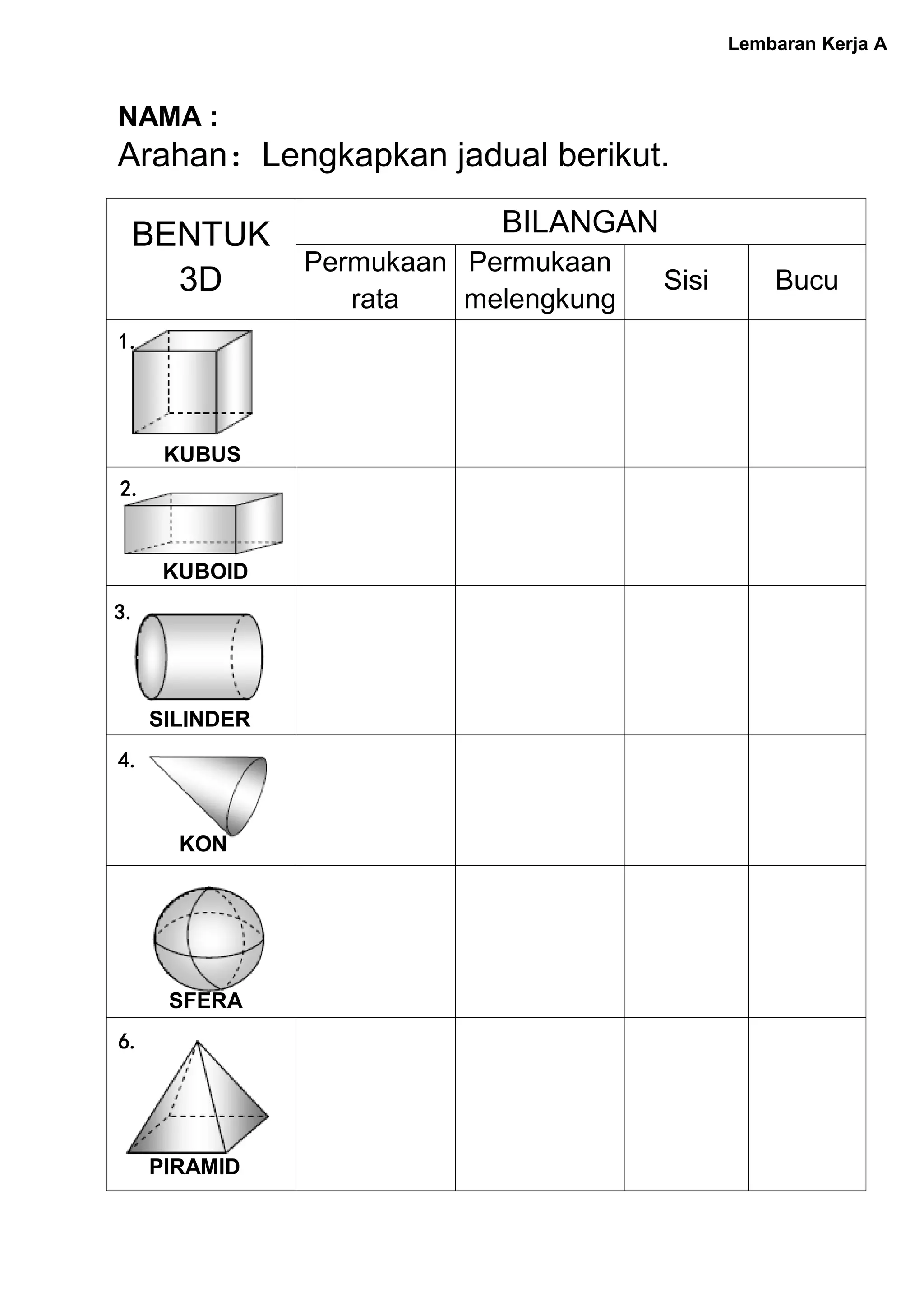 Lembaran kerja Topik Bentuk 3D | PDF