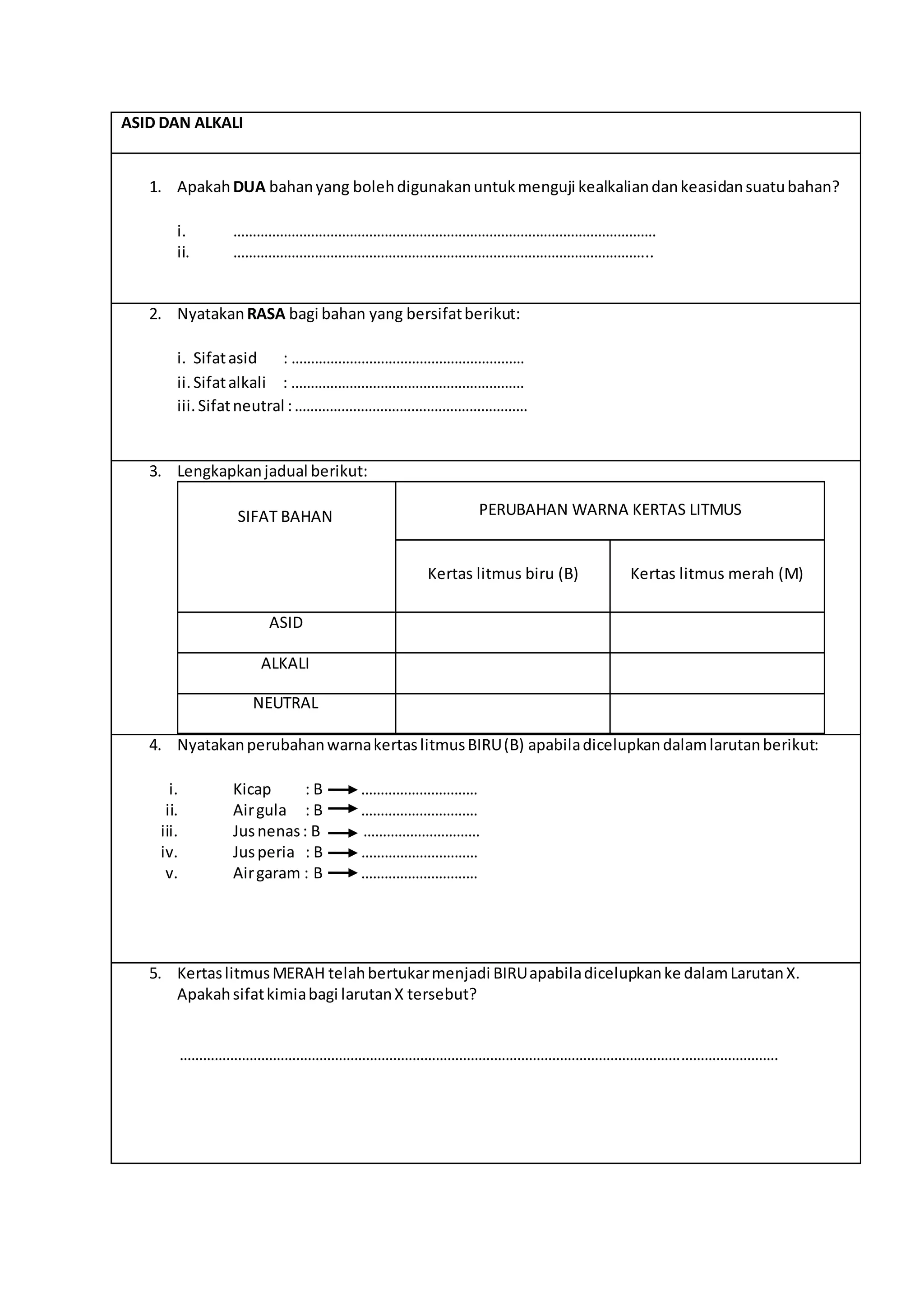 Lembaran Kerja Sains Tahun 5 - 10.1 Sifat Kimia Bahan | DOCX