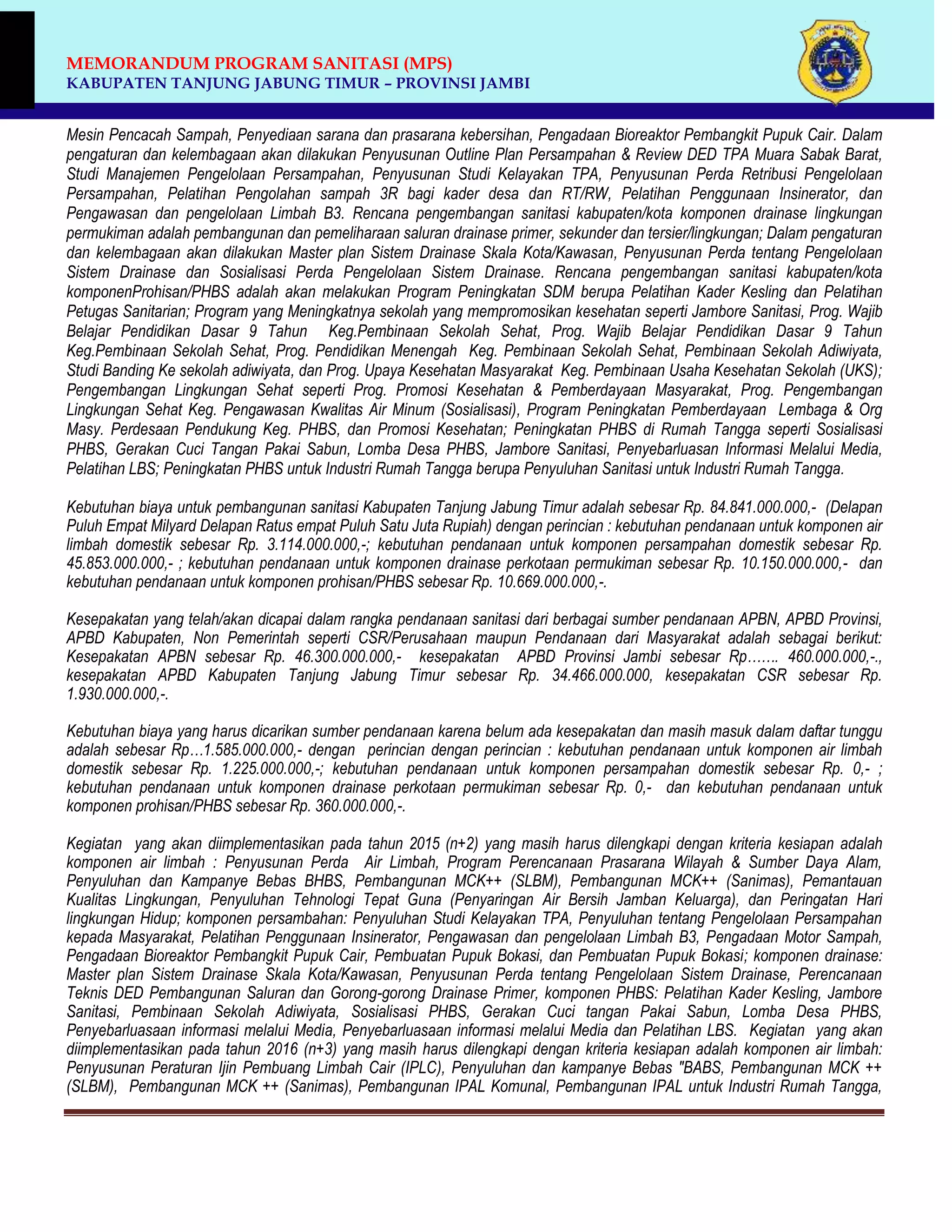 Lembar depan memorandum program sanitasi kabupaten tanjung jabung timur provinsi jambi | PDF