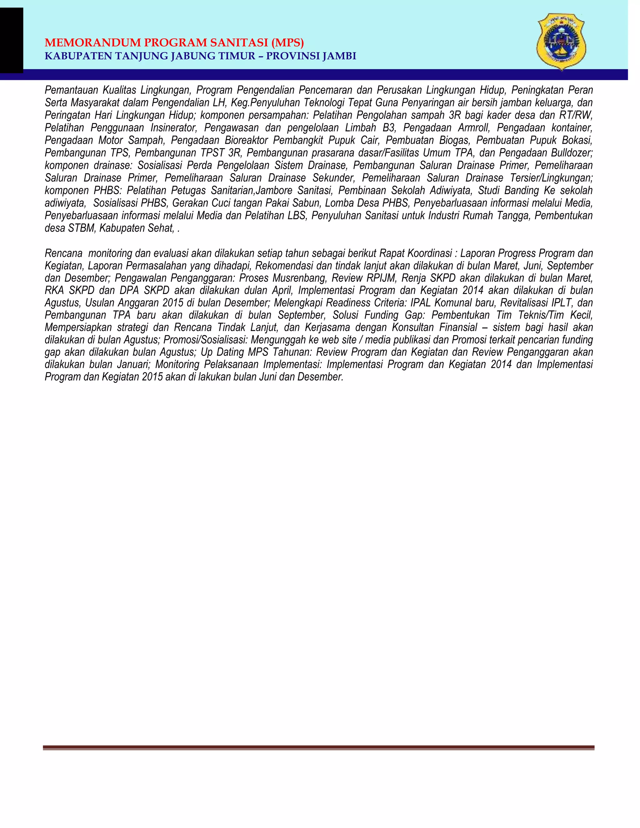 Lembar depan memorandum program sanitasi kabupaten tanjung jabung timur provinsi jambi | PDF