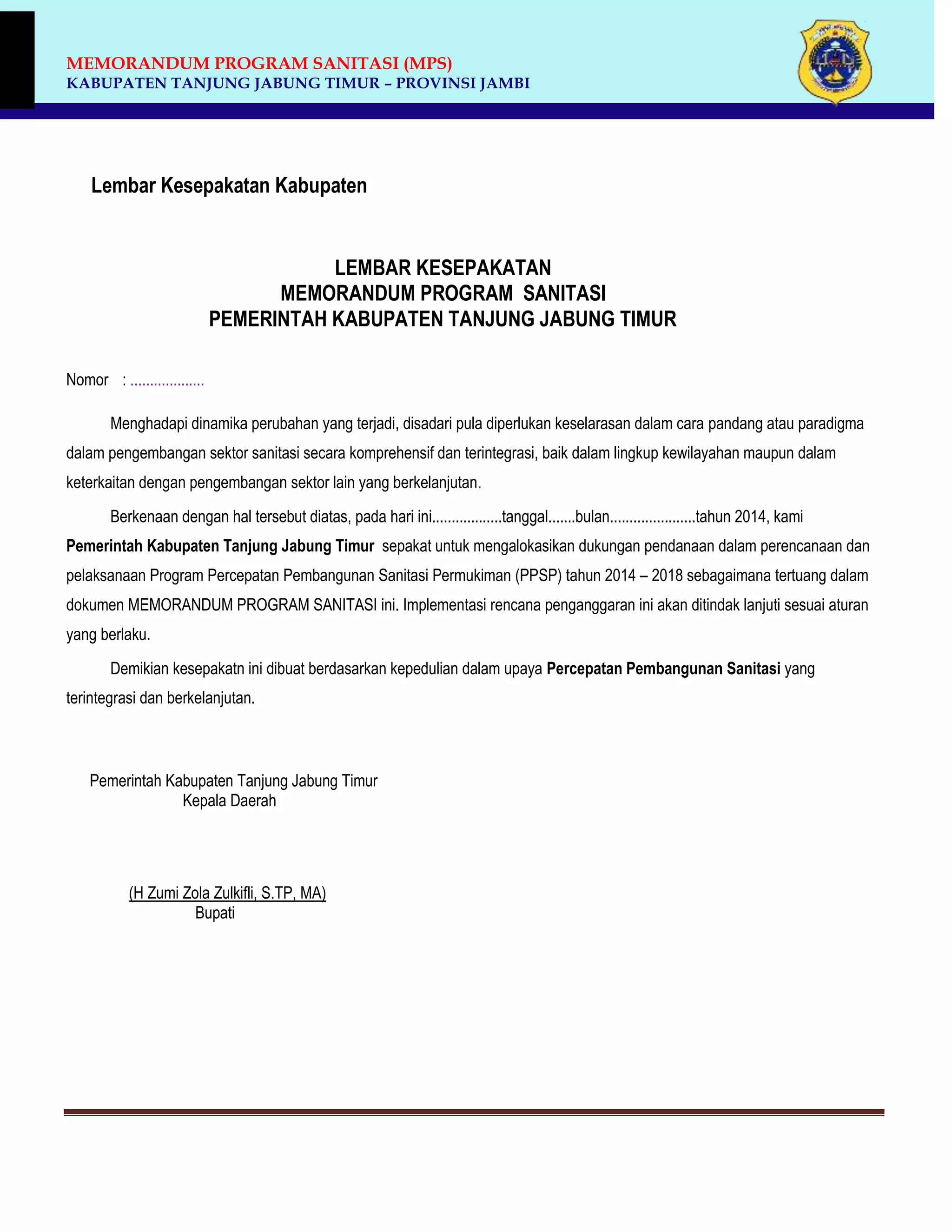 Lembar depan memorandum program sanitasi kabupaten tanjung jabung timur ...