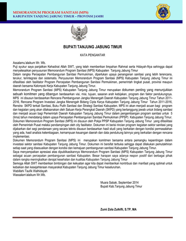 Lembar depan memorandum program sanitasi kabupaten tanjung jabung timur ...