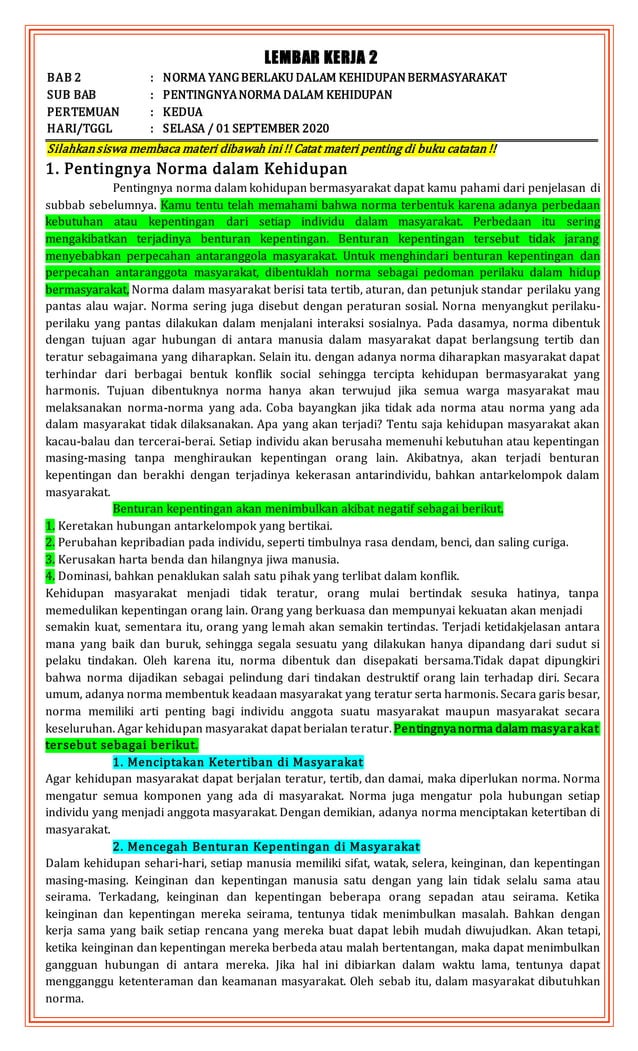 PKN BAB 2 pentingnya norma dalam kehidupan | DOCX
