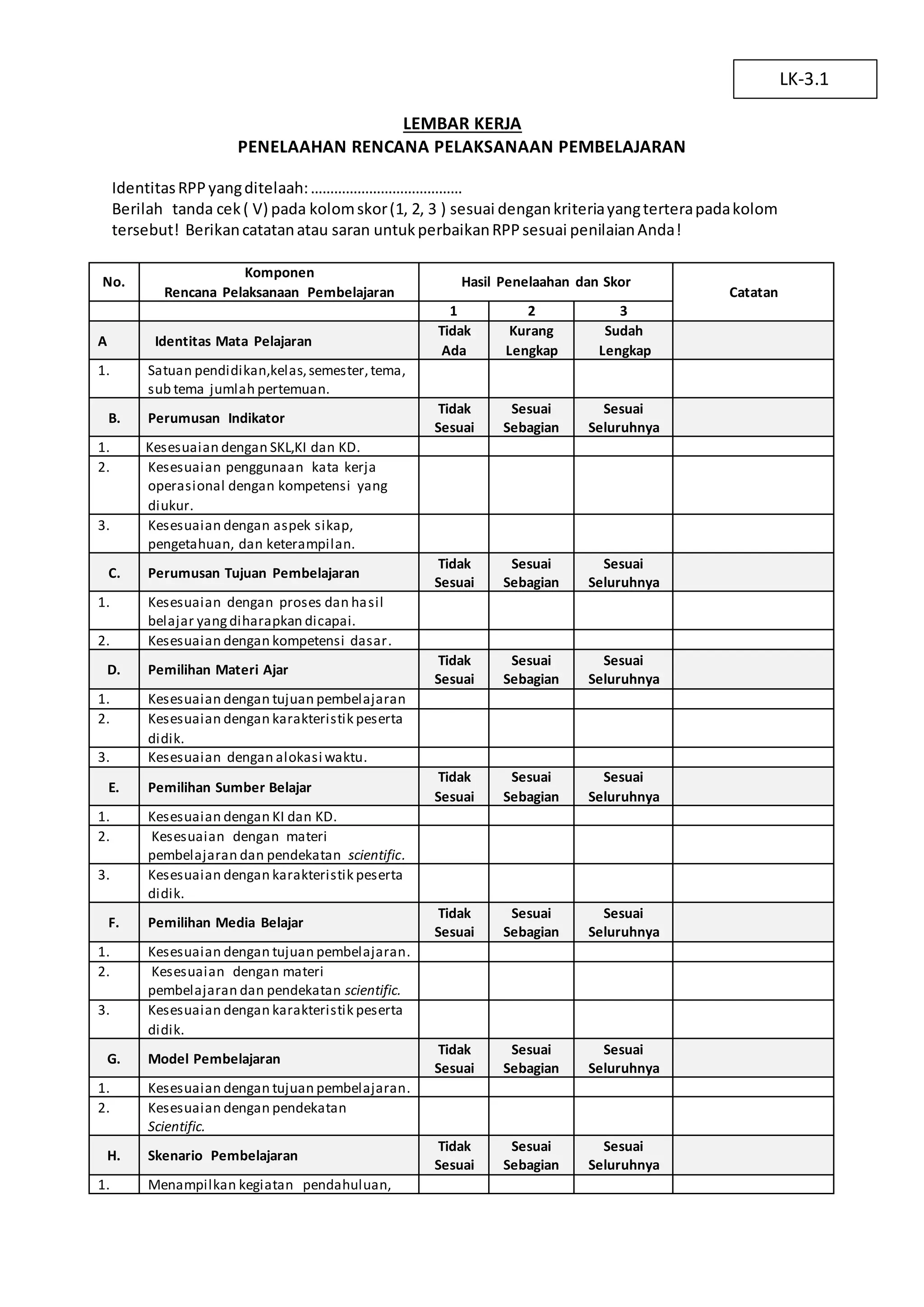 TELAAH RPP KURIKULUM 2013 | DOCX