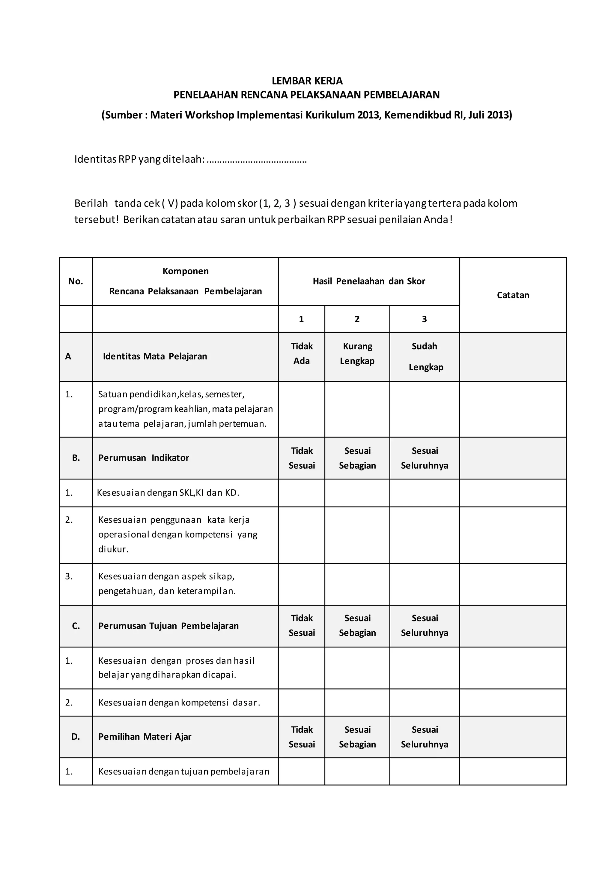 Lembar kerja 3 1 1 dan 3 1 2 (telaah dan penilian rpp) | PDF