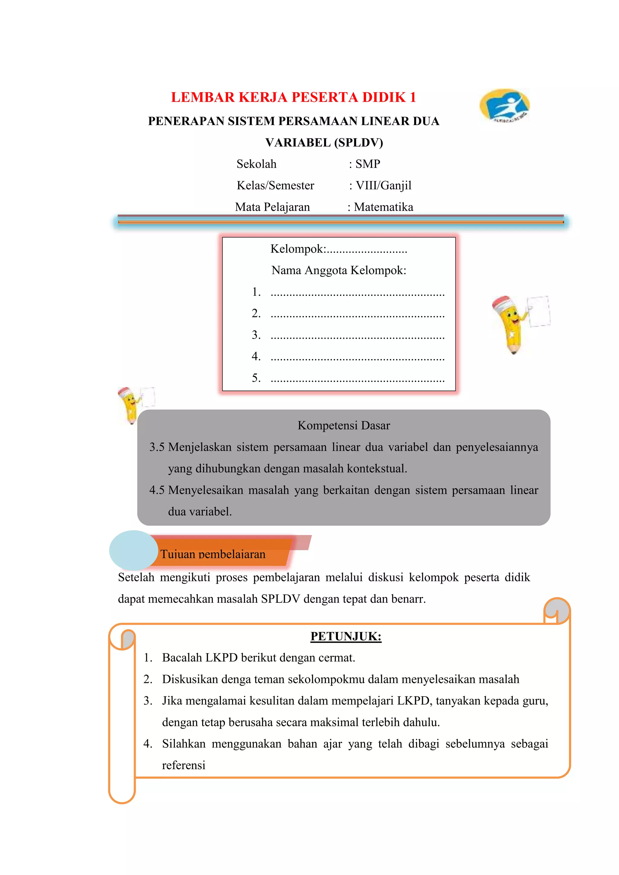 Lembar kerja peserta didik 1 materi spldv kelas viii | PDF