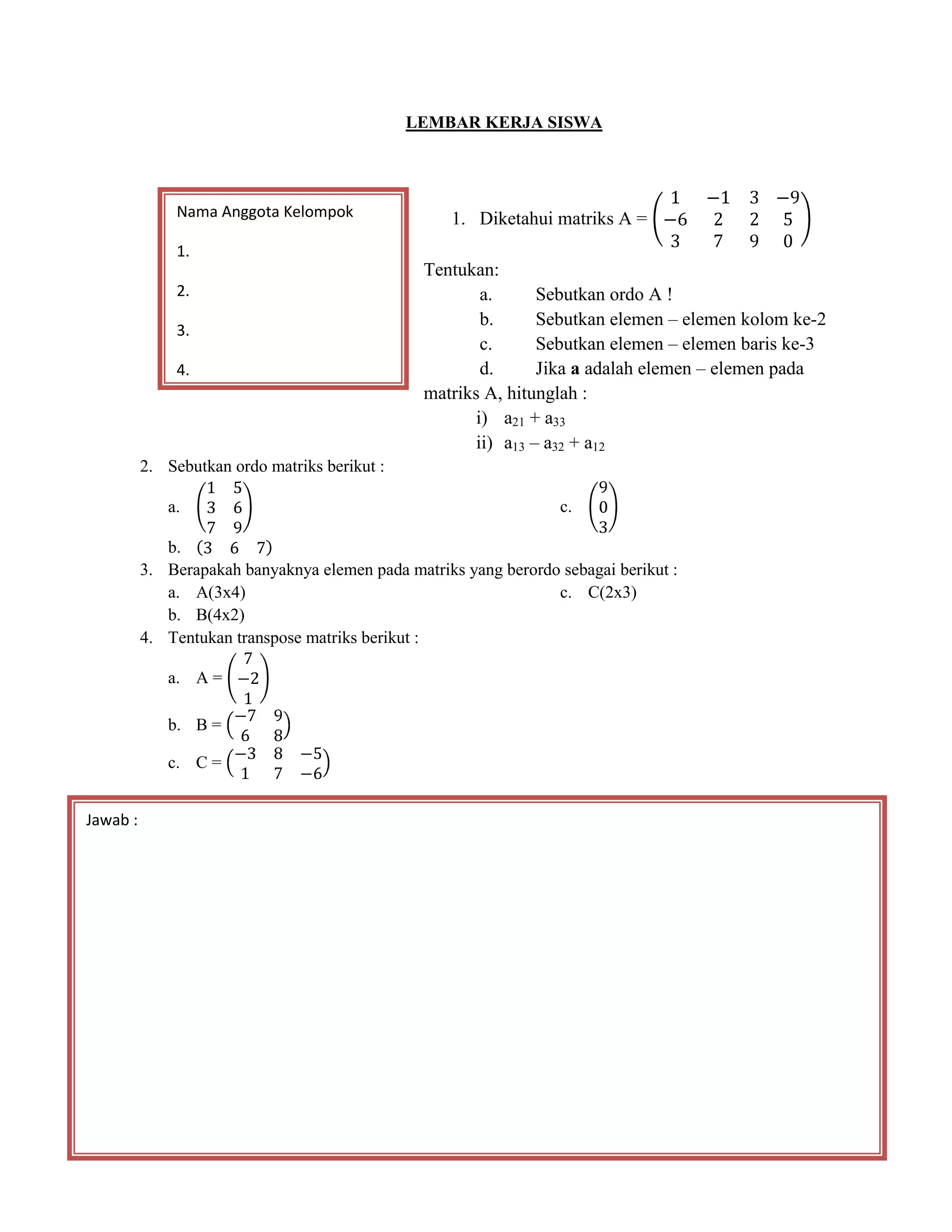 Lembar kerja siswa Materi Matriks | DOCX