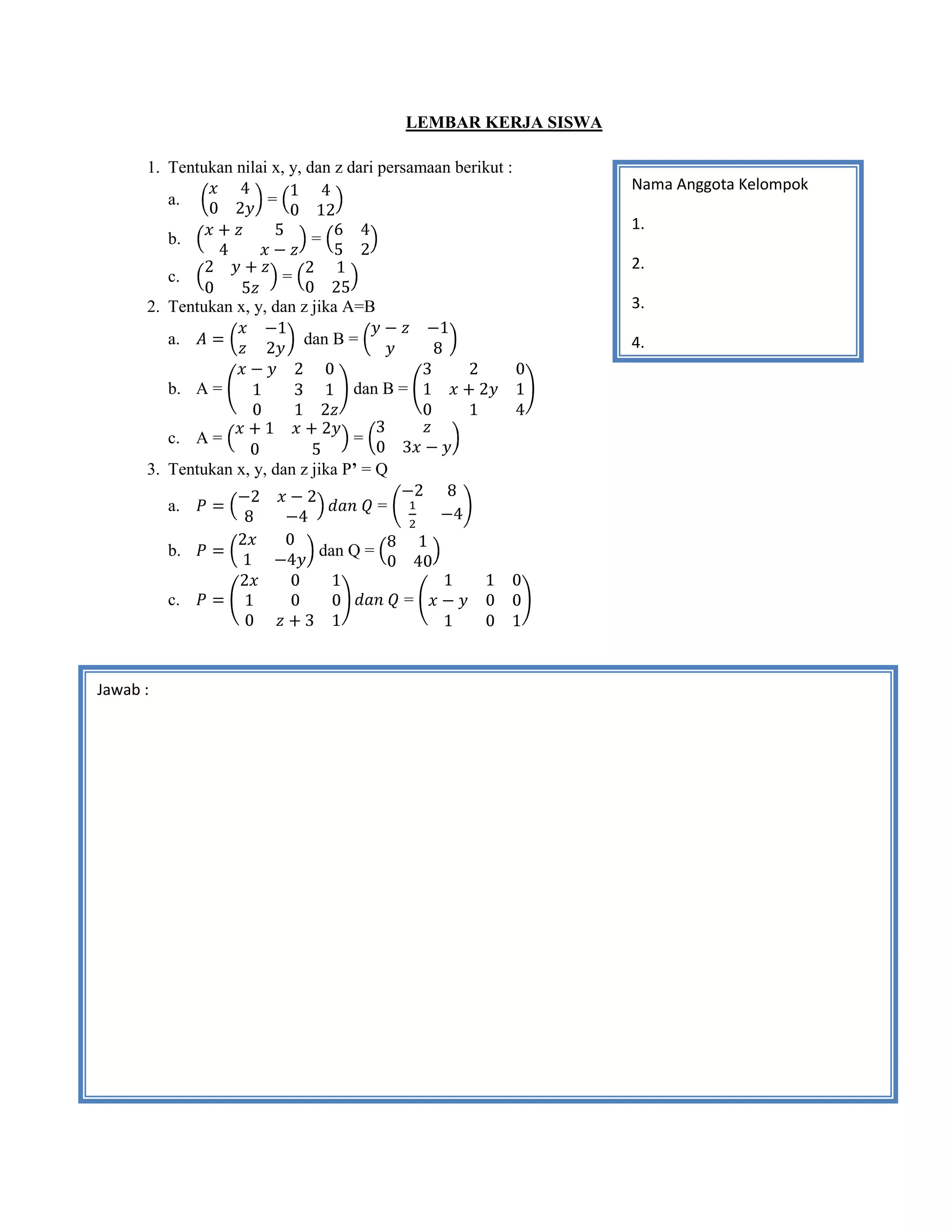 Lembar kerja siswa Materi Matriks | DOCX