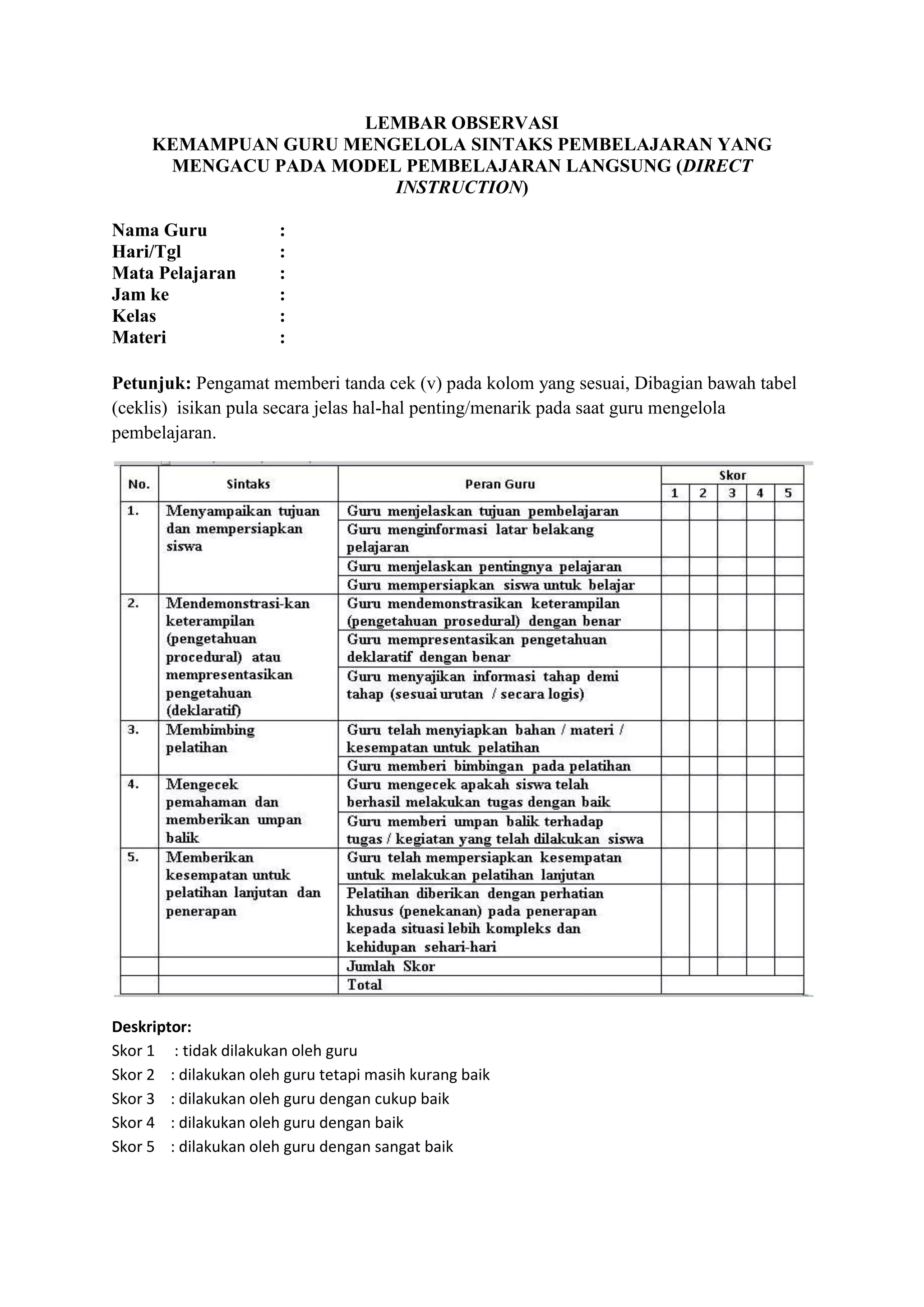 Lembar observasi Kelas | DOCX