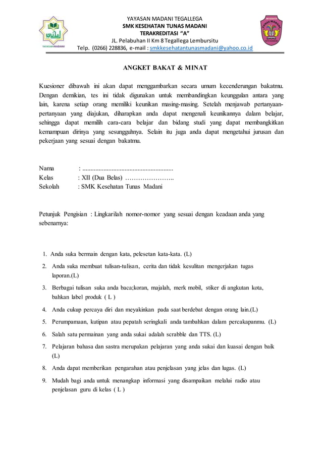 Lembar observasi bakat dan minat | DOCX
