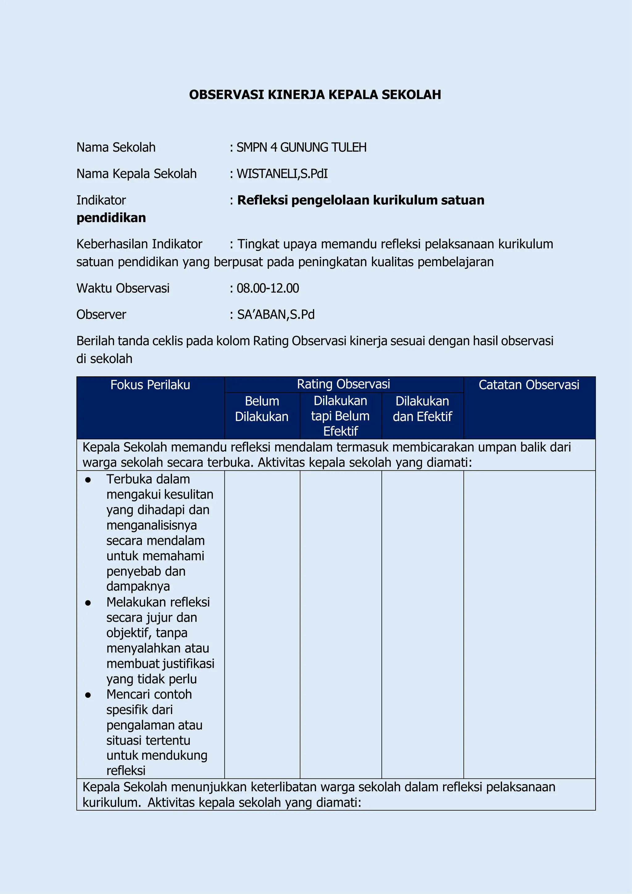 LEMBAR OBSERVASI KEPSEK 2024 Platform Merdeka | DOCX