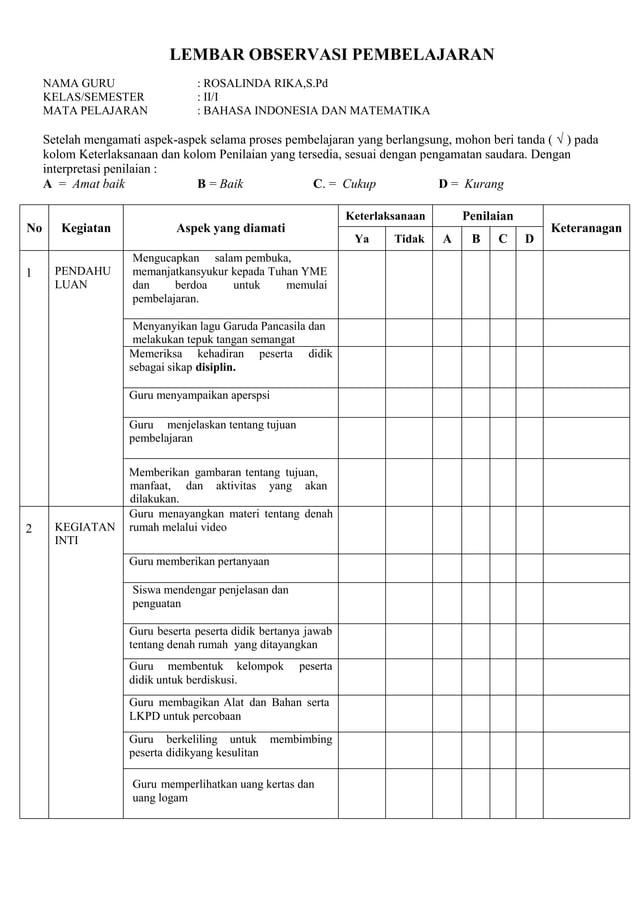 Lembar Observasi PPL Dalam Jabatan untuk guru | PDF