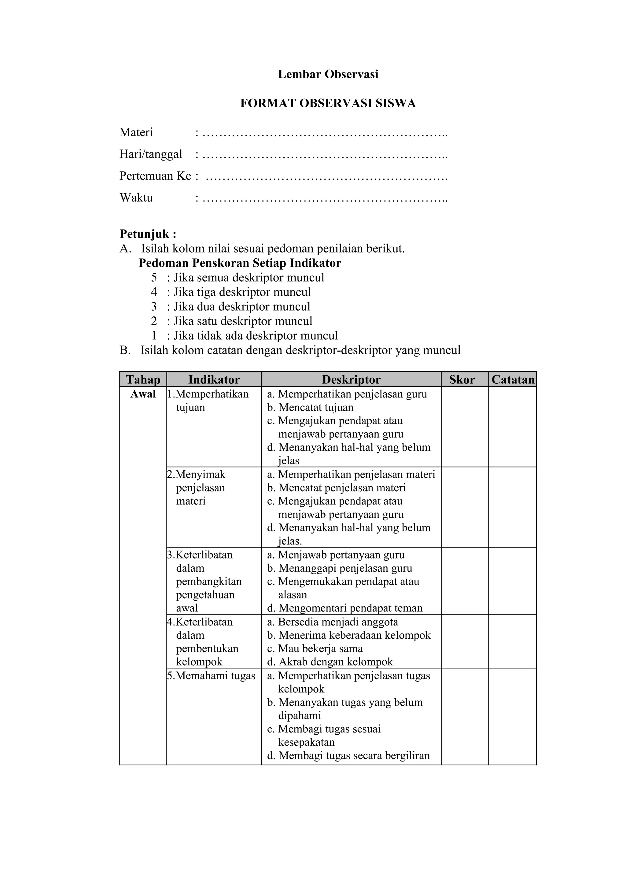 Lembar observasi siswa | DOC