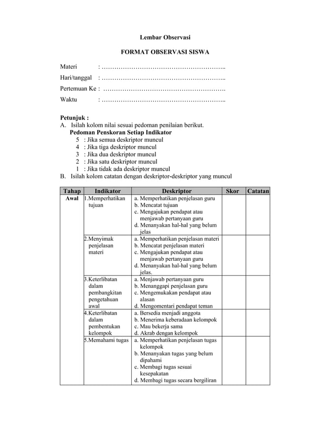 Lembar observasi siswa | DOC