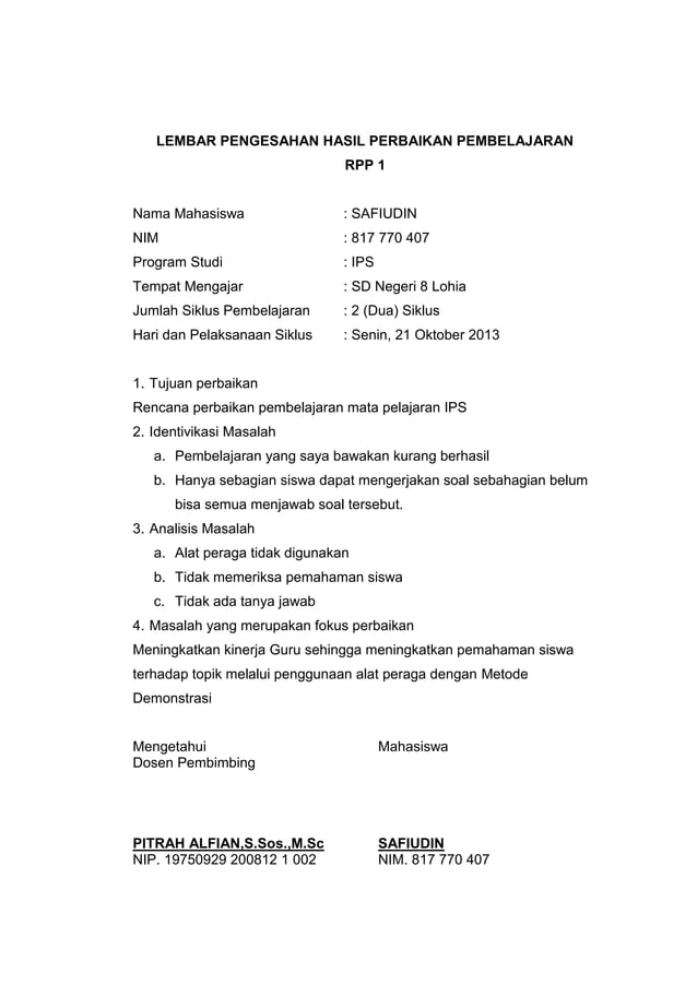 Lembar pengesahan hasil perbaikan pembelajaran | DOCX