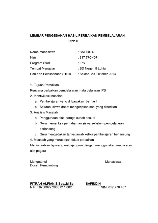 Lembar pengesahan hasil perbaikan pembelajaran | DOCX