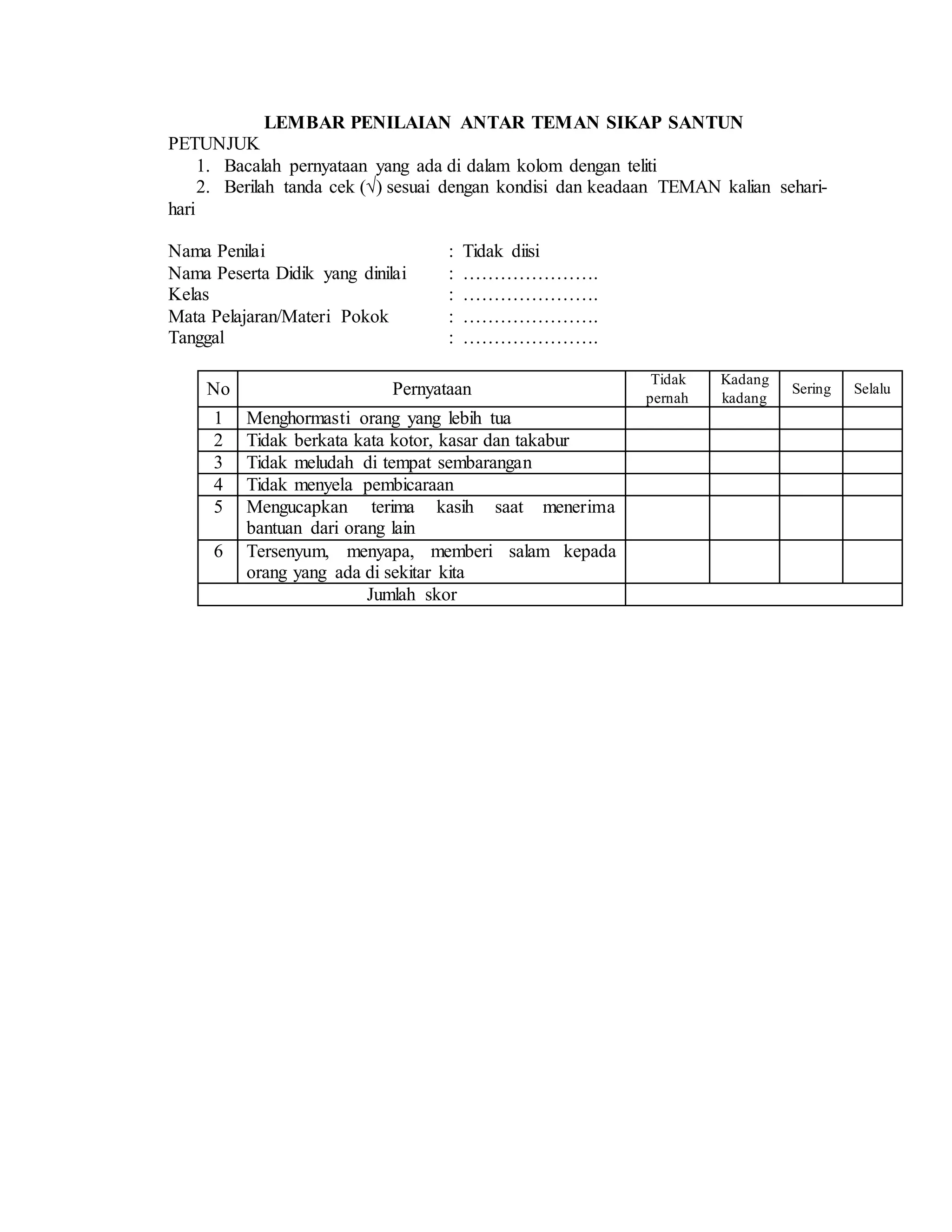 Lembar penilaian antar teman sikap jujur | DOCX