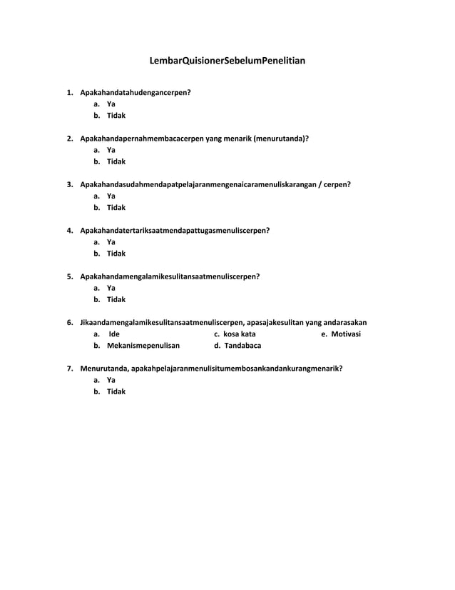 Lembar quisioner sebelum penelitian | DOCX