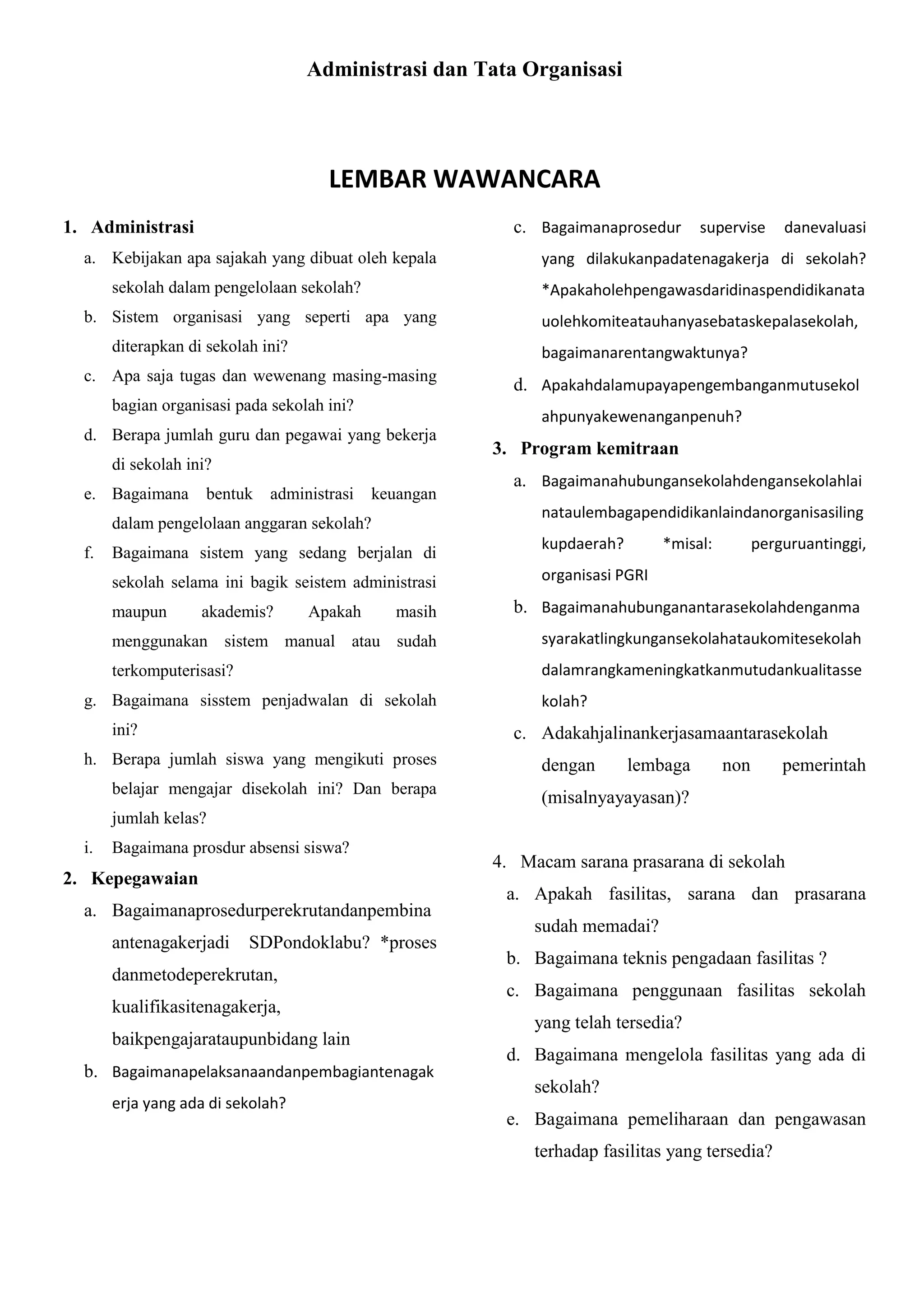 Instrumen Wawancara dan Observasi KKL di Sekolah Dasar | PDF