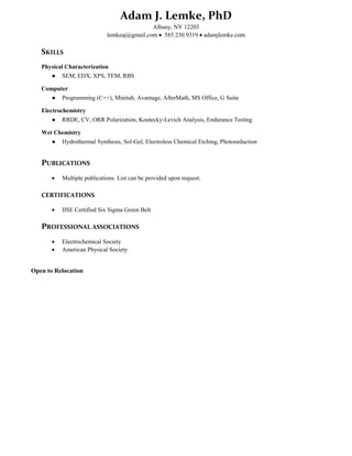 Adam Lemke Resume | PDF | Chemistry | Science
