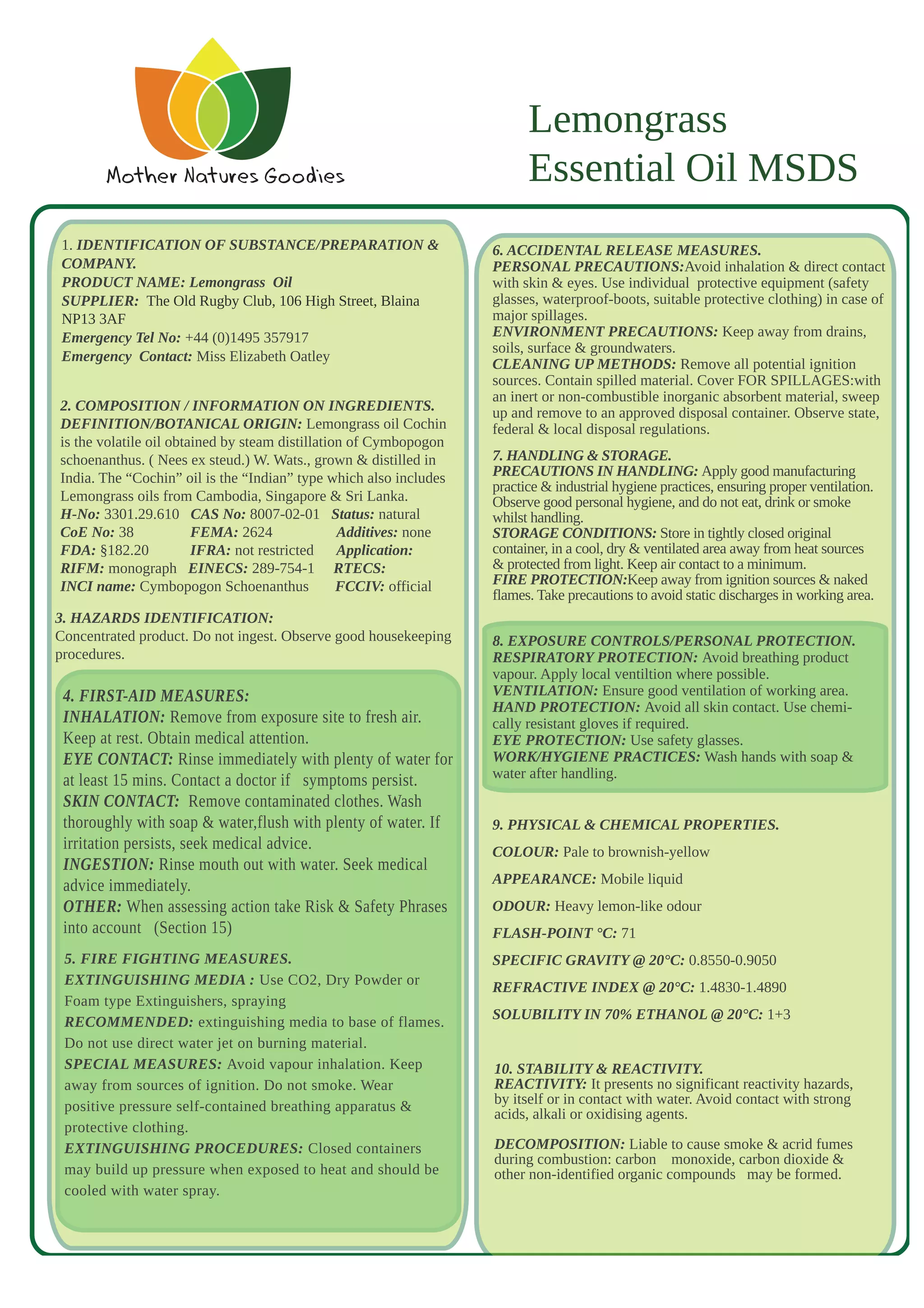 Lemongrass MSDS Safety Data Sheet | PDF