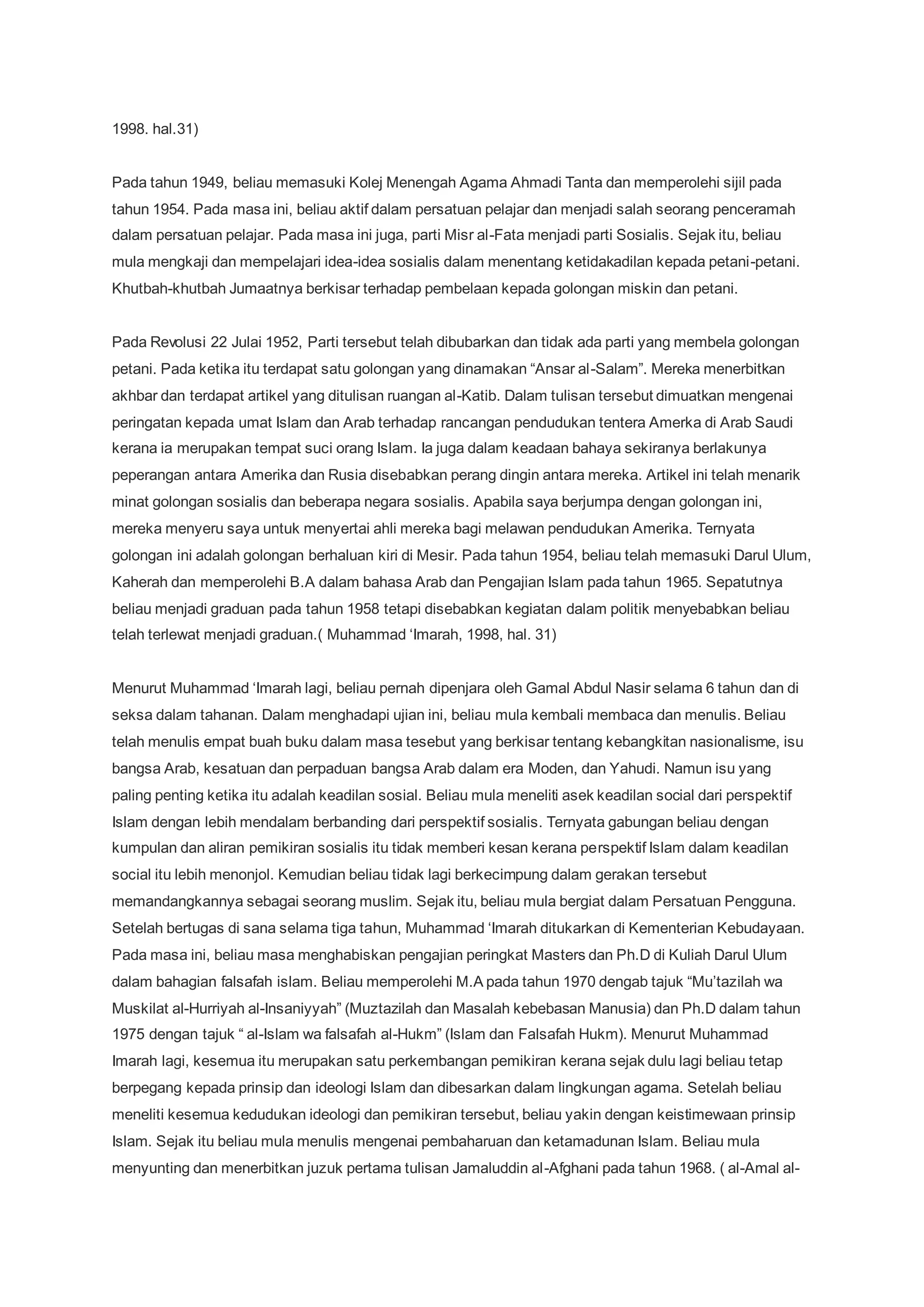 [Lengkap] biografi muhammad imarah | DOCX