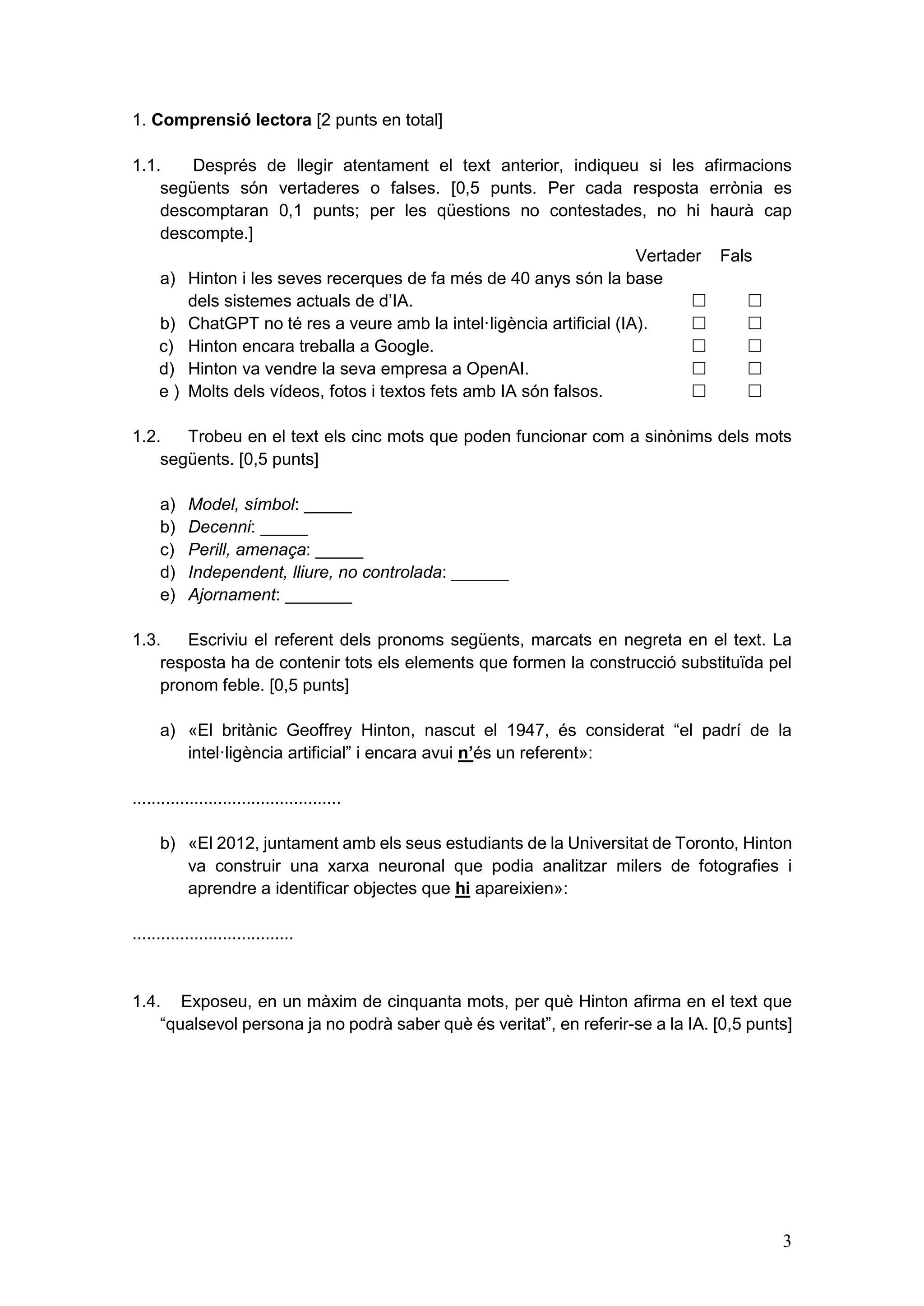 Examen de Llengua catalana i literatura de la PAU 2025 en Cataluña | PDF