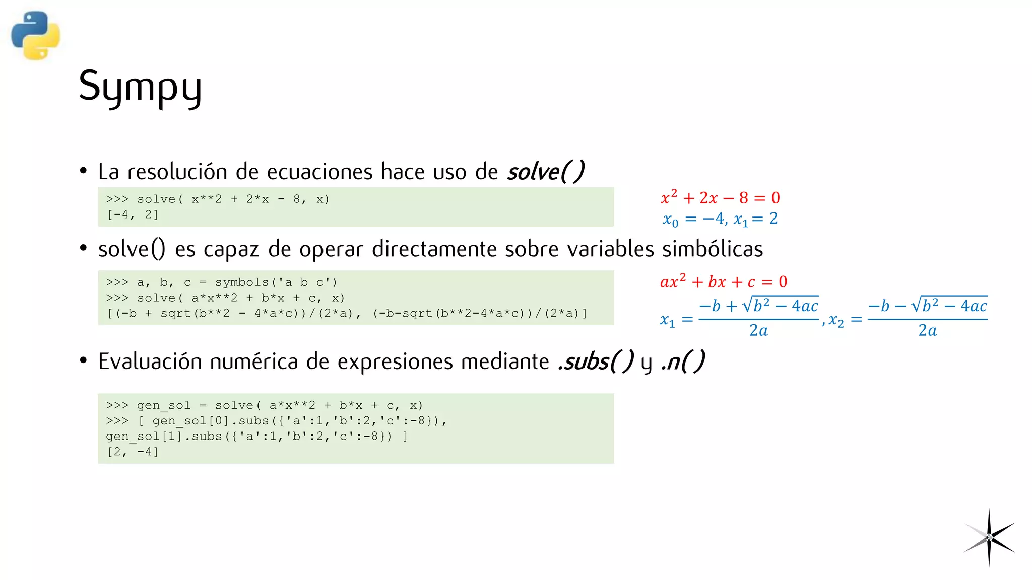 Lenguaje python en I+D. Numpy, Sympy y Pandas | PPSX