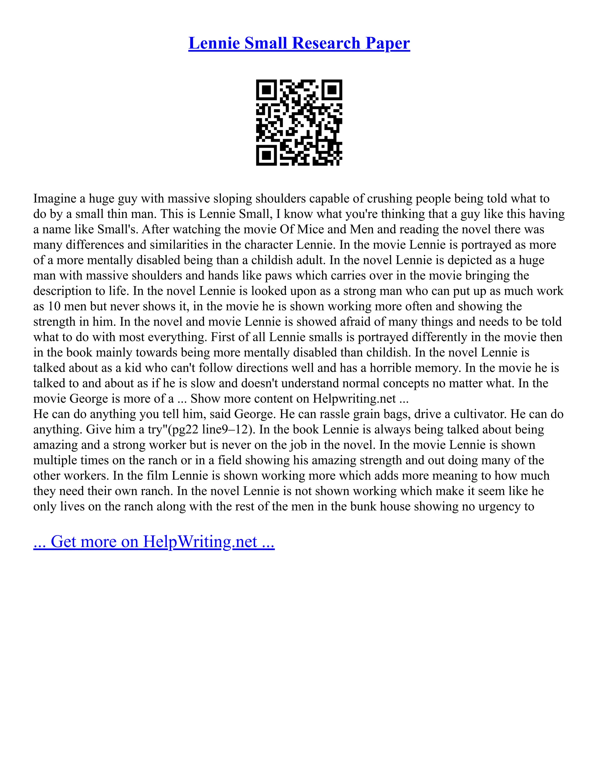 Lennie Small Research Paper | PDF