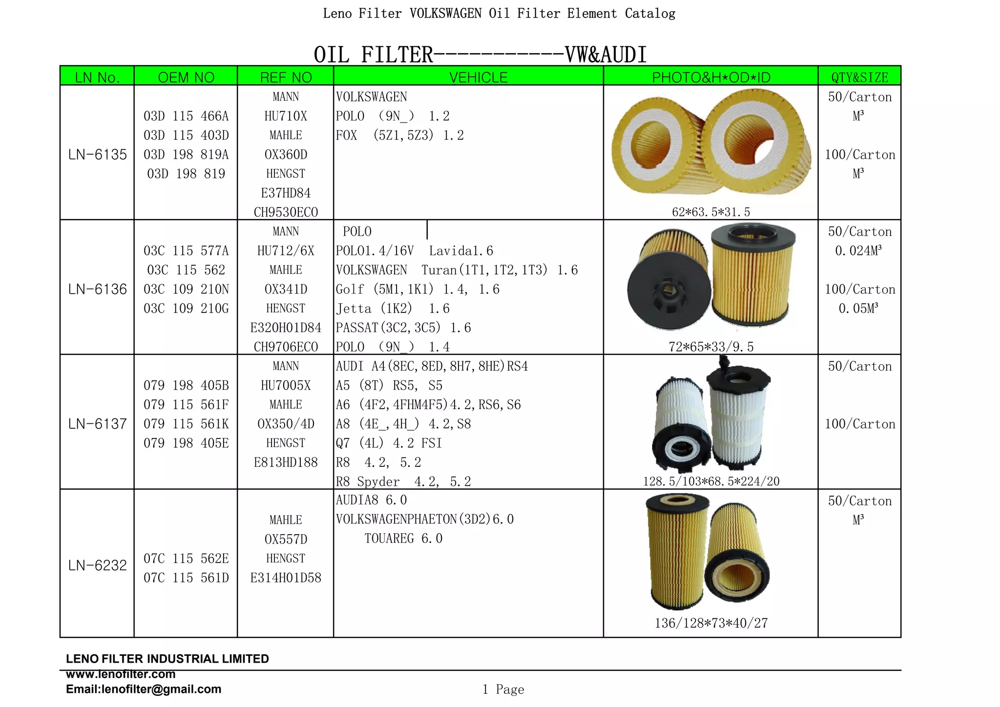 Leno filter volkswagen oil filter element catalog | PDF