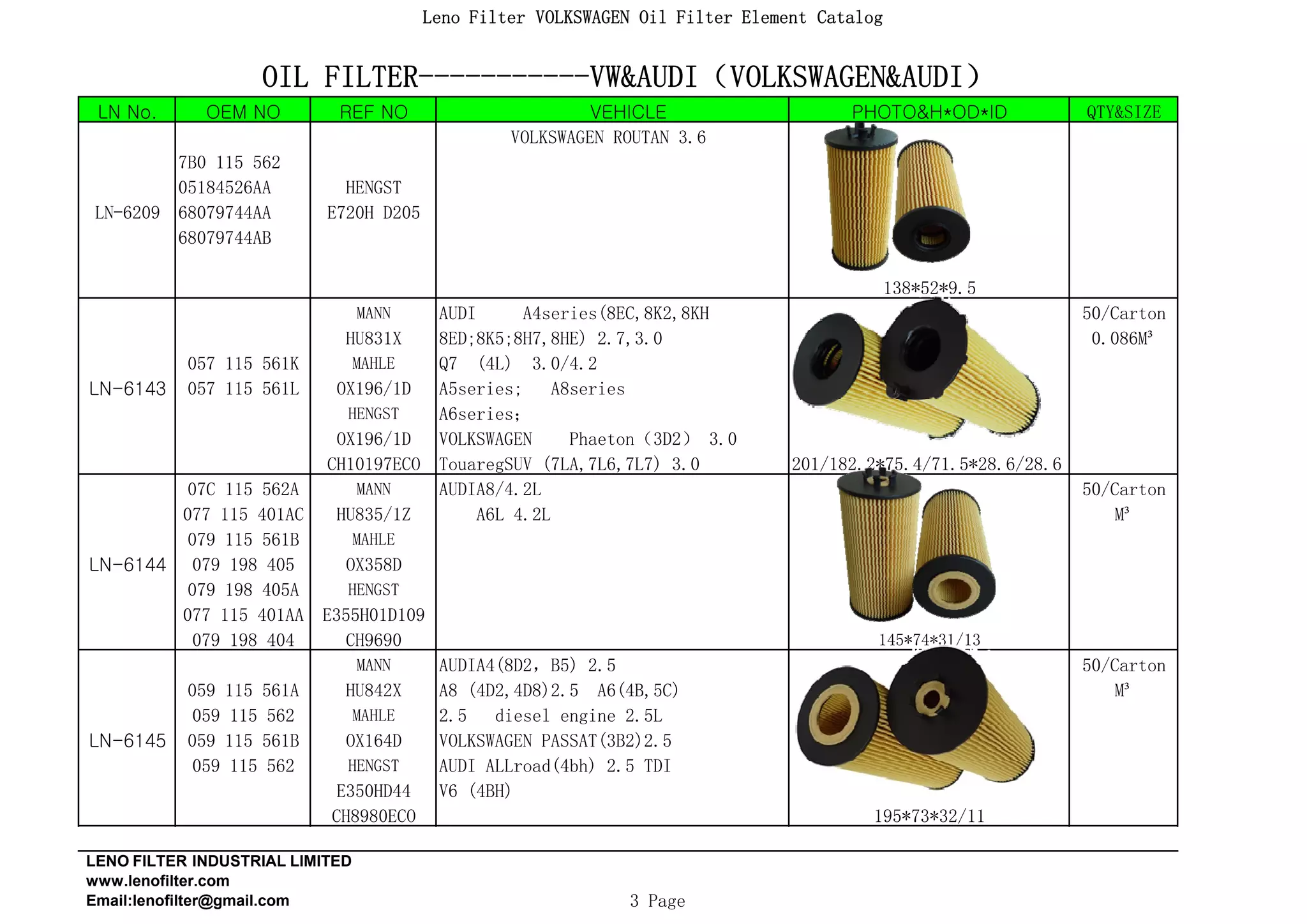 Leno filter volkswagen oil filter element catalog | PDF