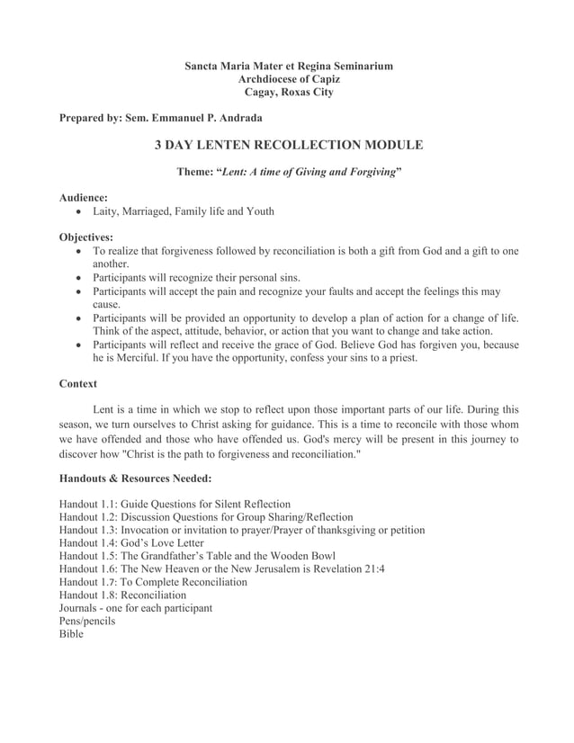 Lenten recollection module | DOCX | Spirituality | Religion & Spirituality