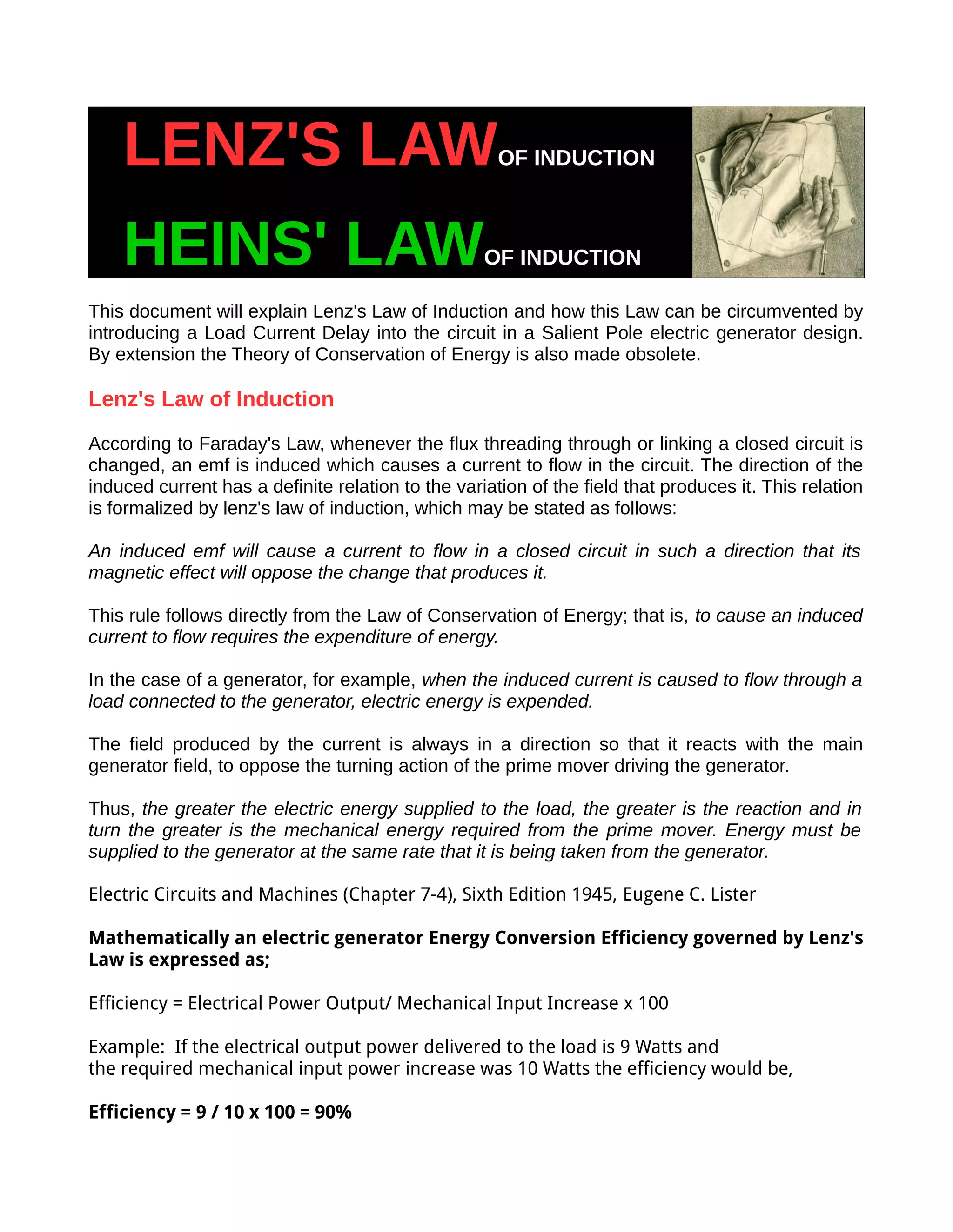 Lenz's Law & Heins' Law of induction for Electric Generators | PDF