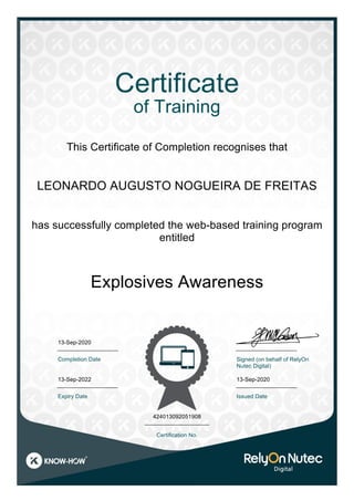 Leonardo augusto nogueira de freitas explosives awareness-certificate | PDF
