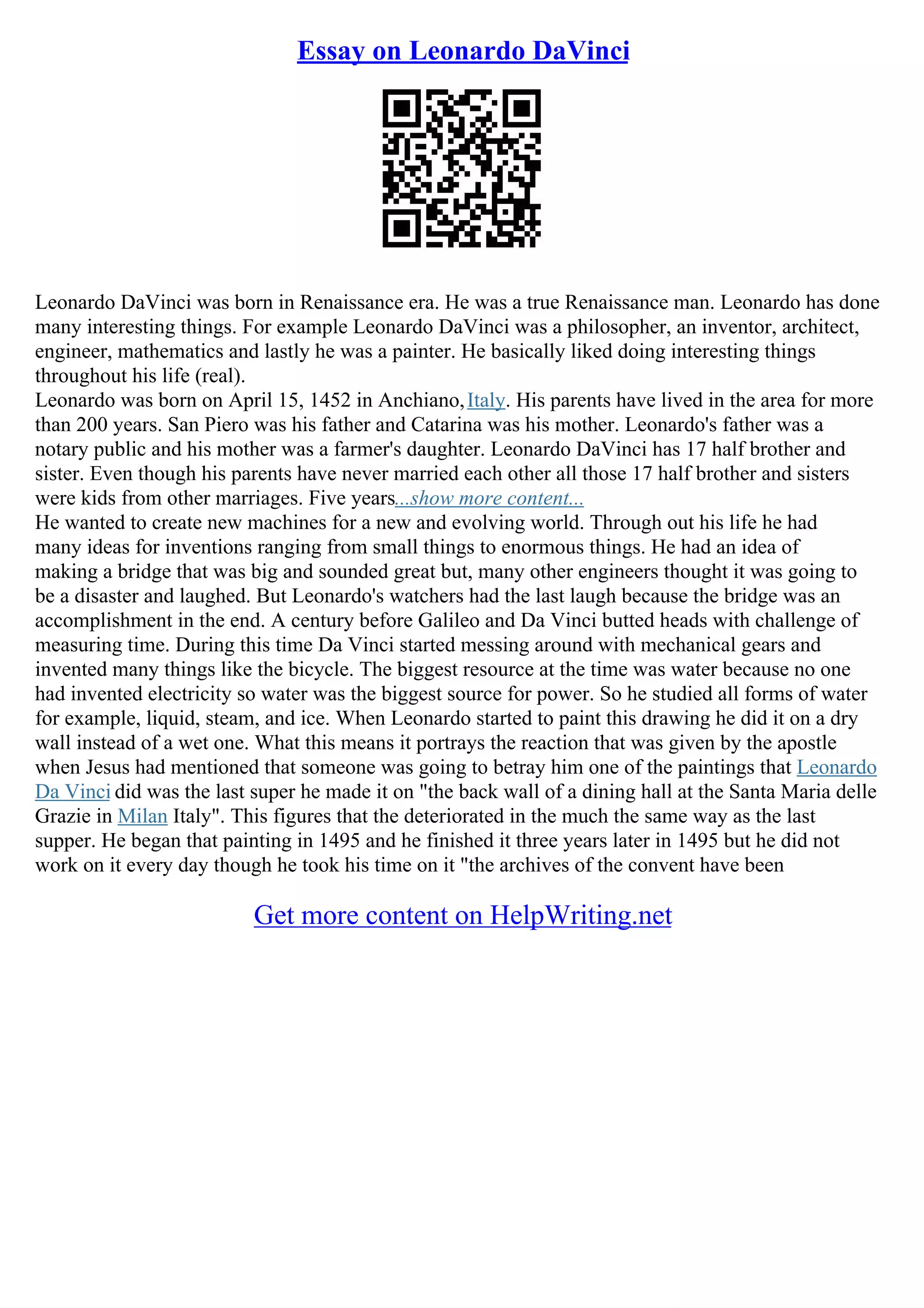 Leonardo Da Vinci Essay | PDF