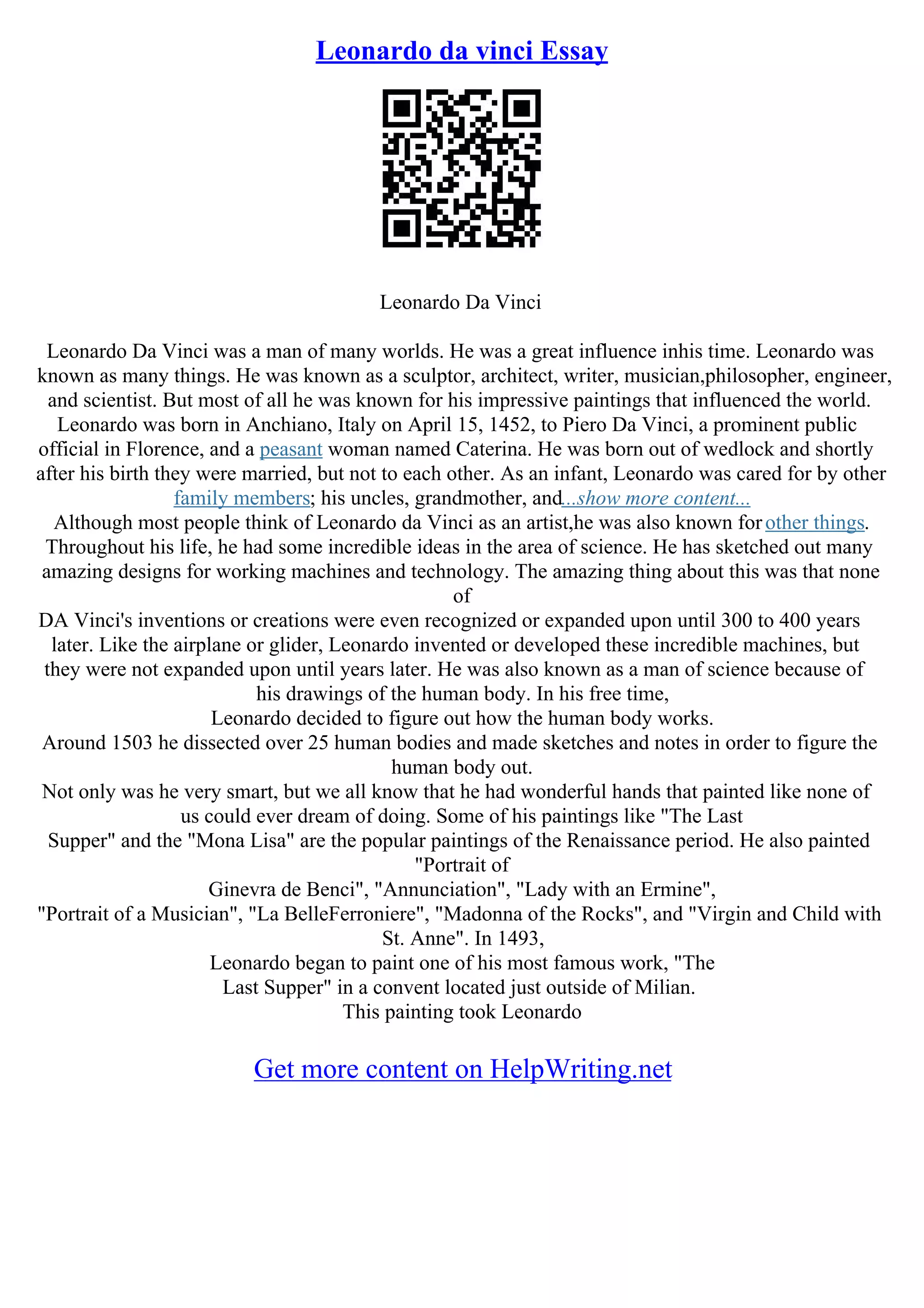 Leonardo Da Vinci Essay | PDF