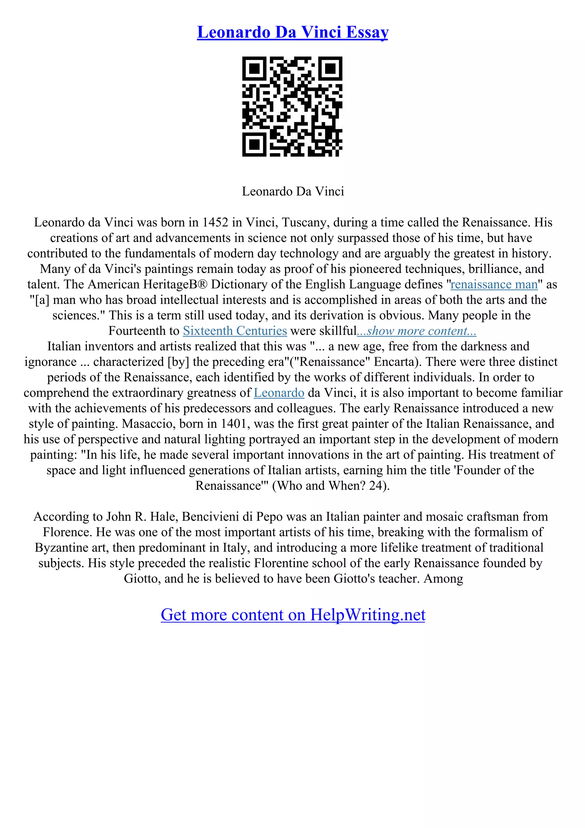 Leonardo Da Vinci Essay | PDF