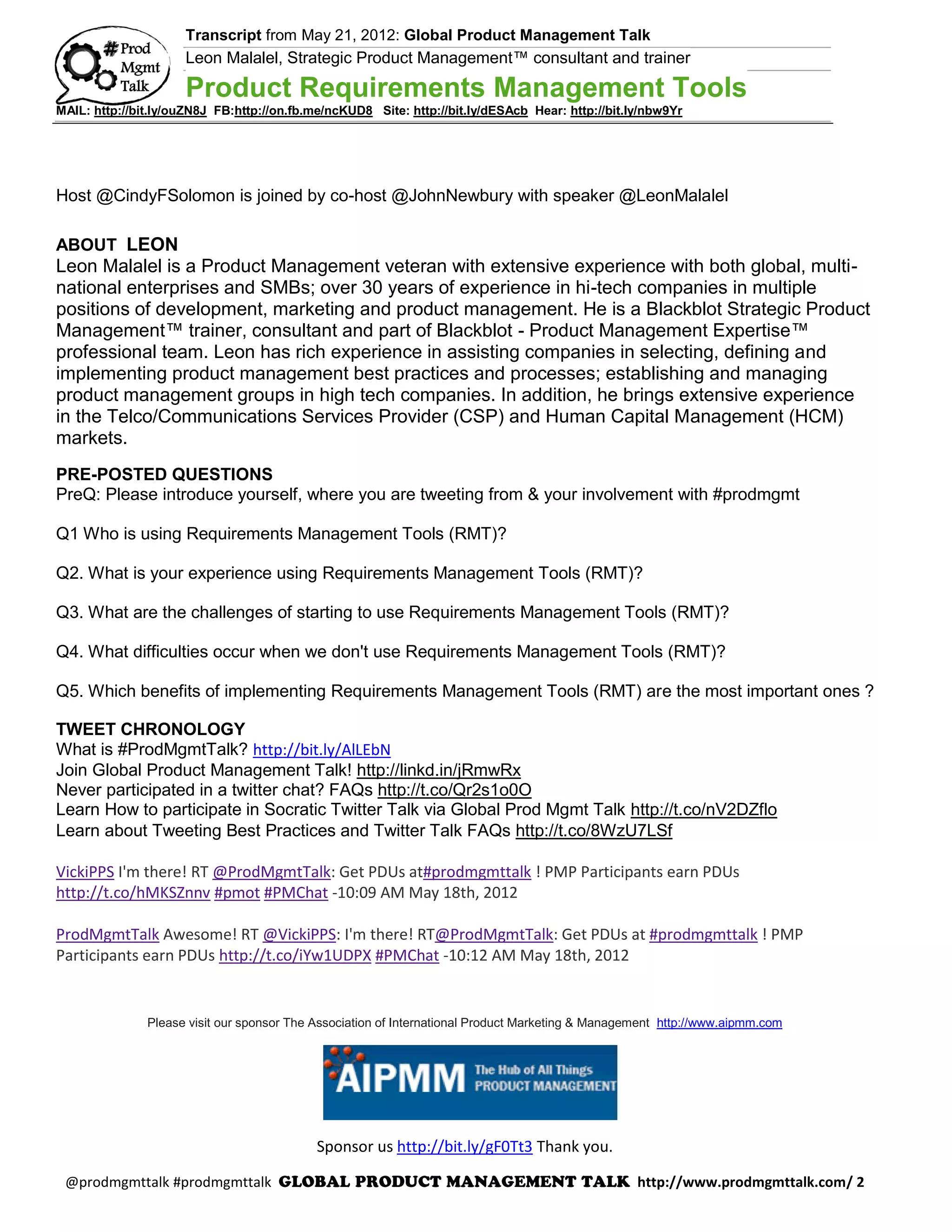 5/21/12 Product Requirements Management Tools w/ Leon Malalel ...