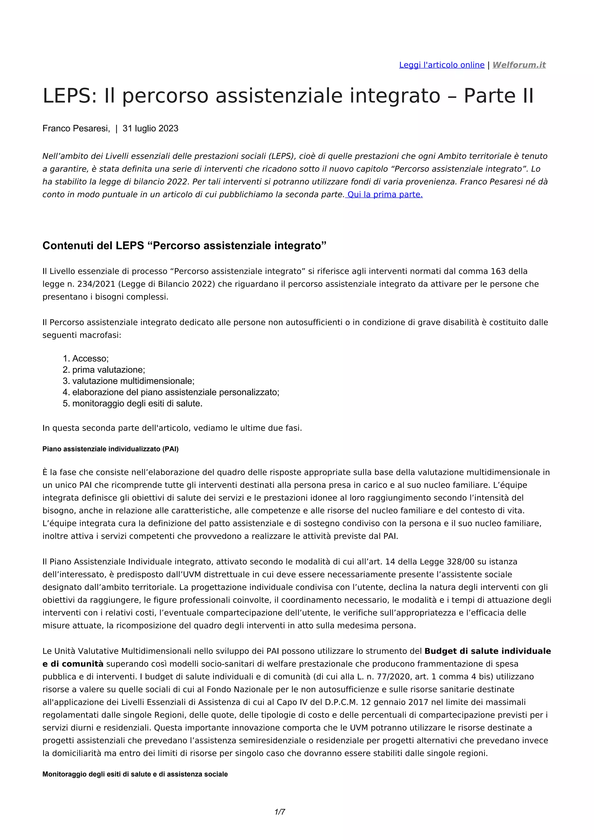 LEPS: IL PERCORSO ASSISTENZIALE INTEGRATO. Parte 2 | PDF | Government ...