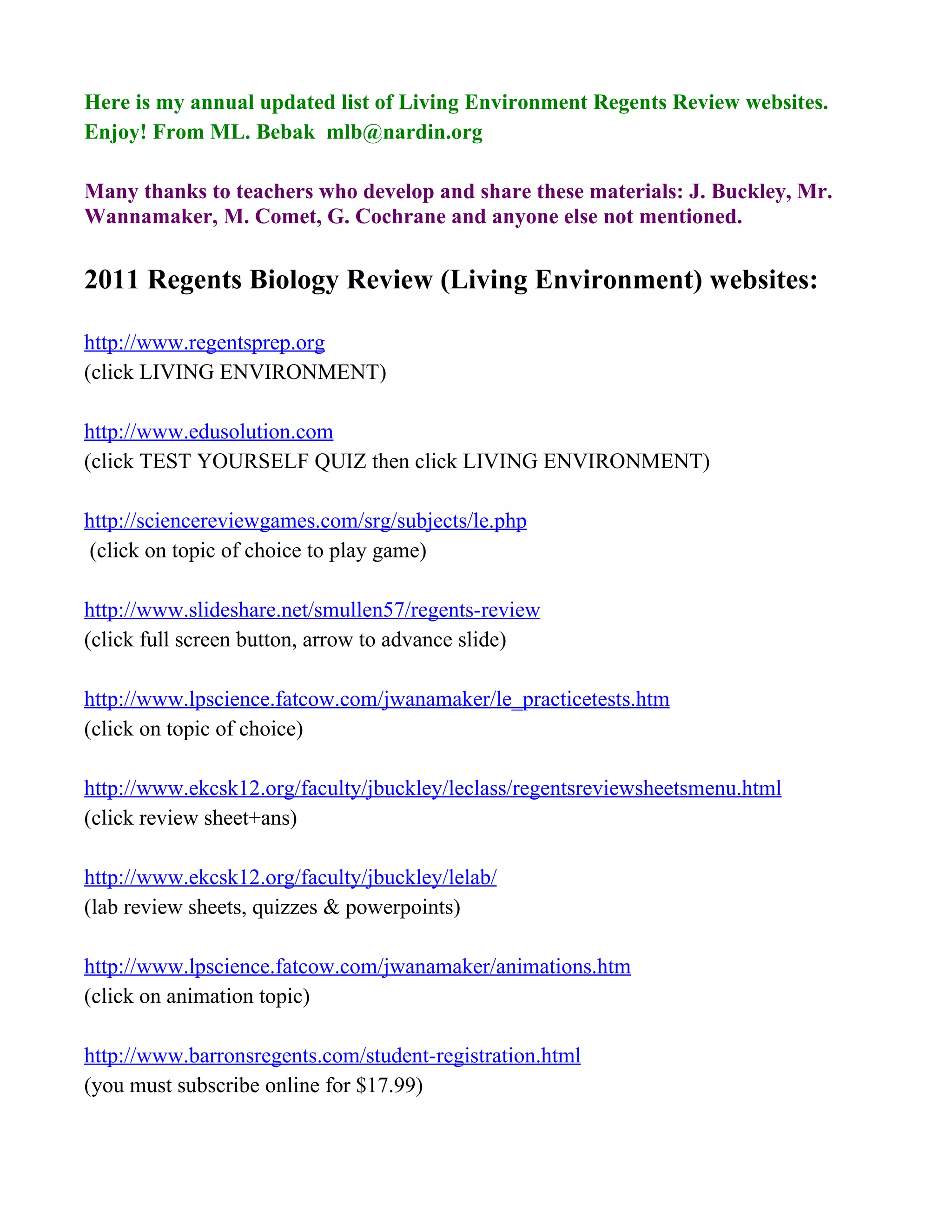 Biology - Regents Review List of Websites | DOC