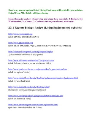 Biology - Regents Review List of Websites | DOC